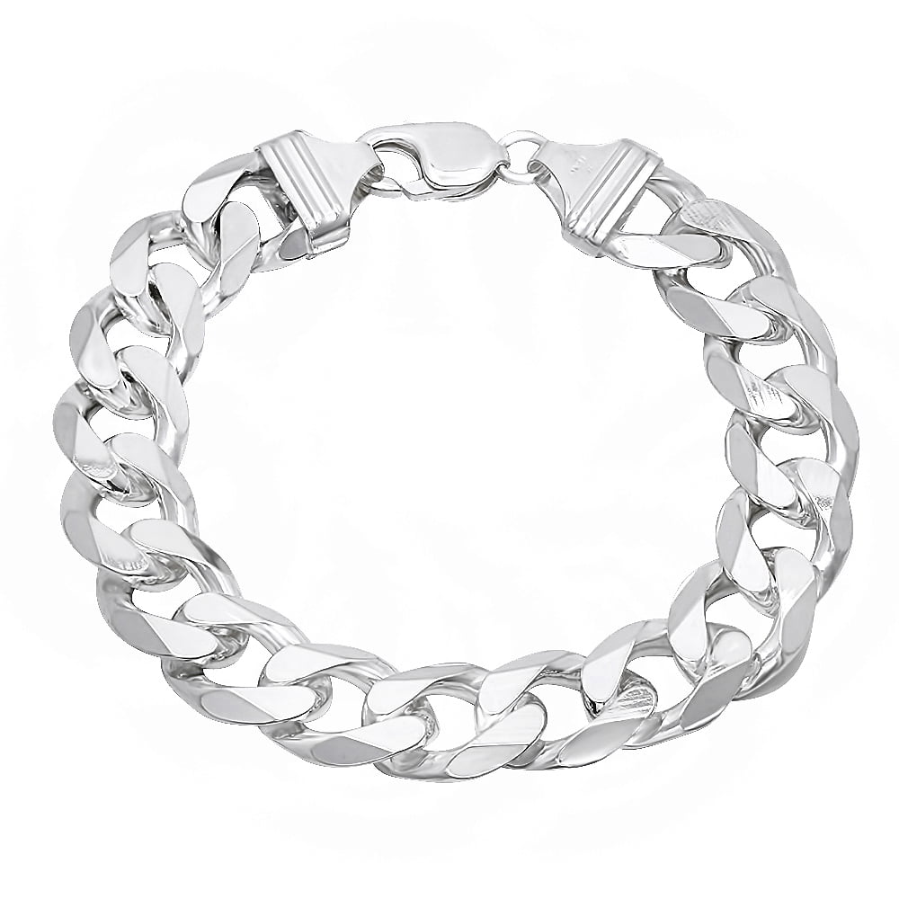 Men's 15.3mm Solid .925 Sterling Silver Flat Curb Chain Bracelet, 8 ...