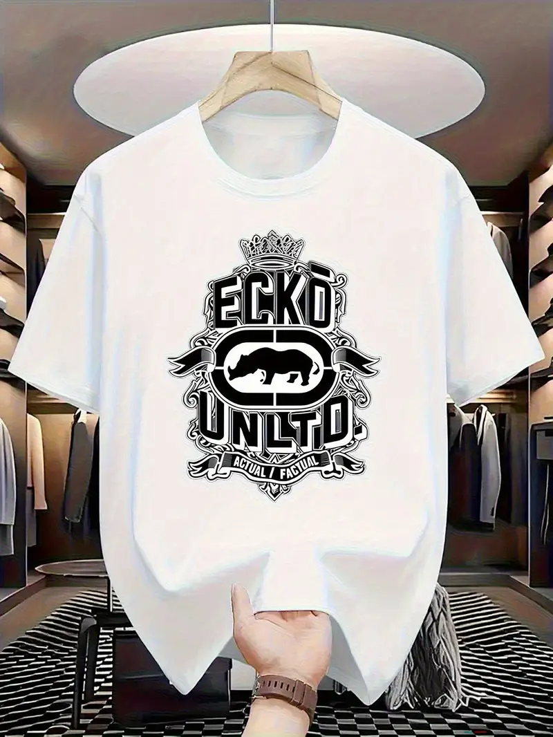 Men's 180g Cotton Graphic T-Shirt - Bold "FECO UNTH" Letter & Crown Print, Black with White ...