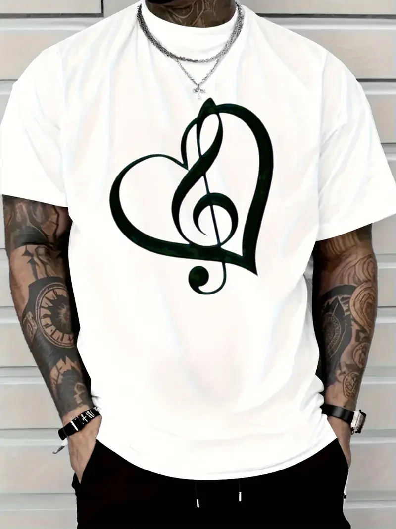 Men's 180g Heavyweight Cotton T-Shirt - Heart-Shaped Treble Clef Music ...