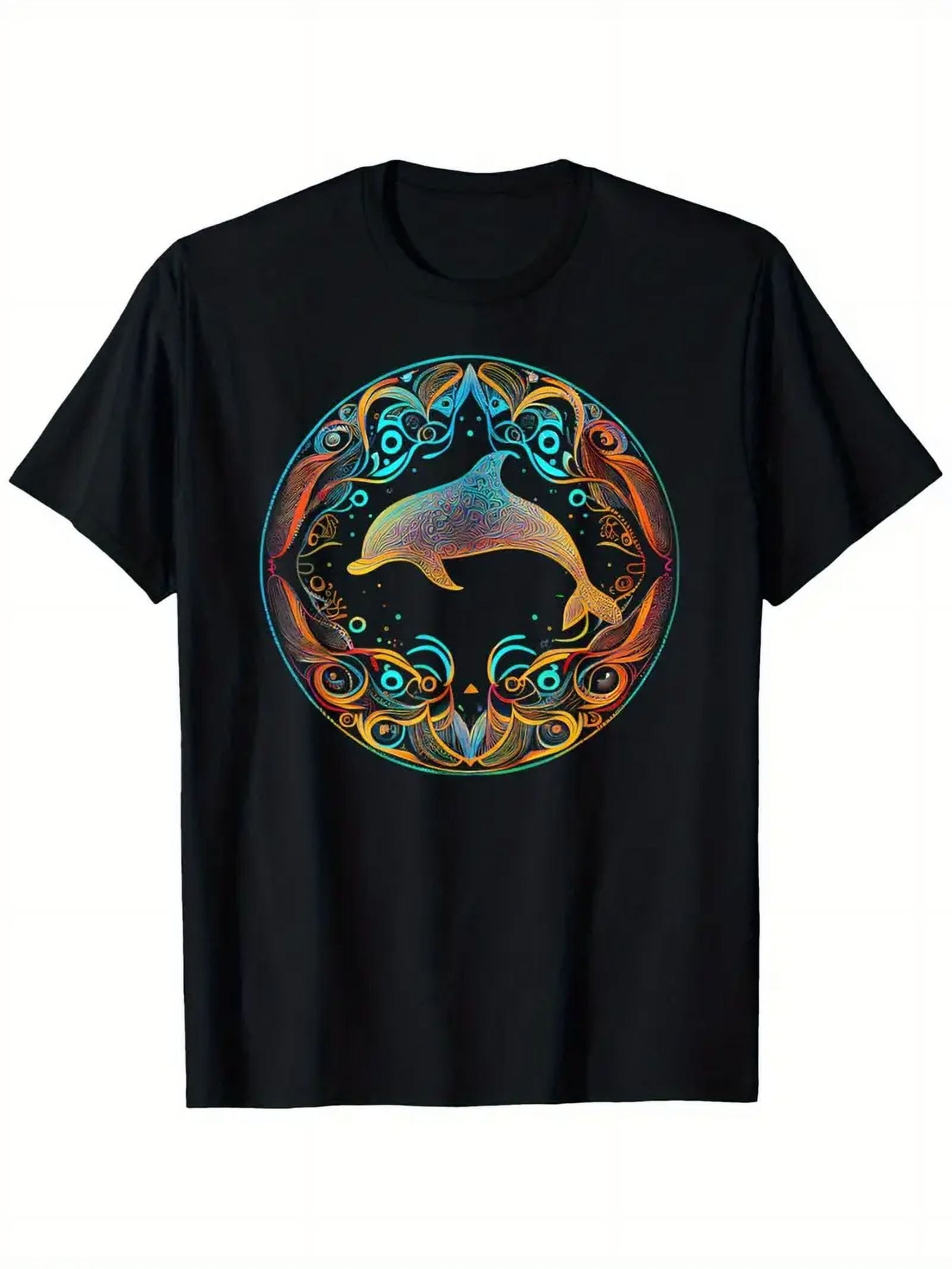 Men's 180g Heavyweight T-Shirt - Vibrant Dolphin Mandala Print with Floral Fish Design - Walmart.com