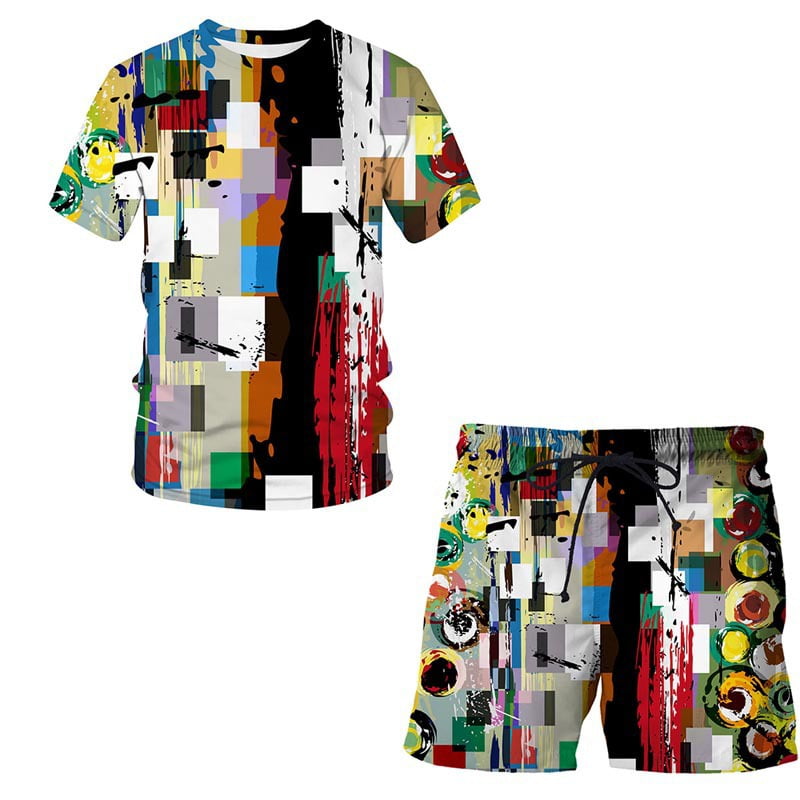 Men's 2 Piece Outfits Abstract Geometric 3D Digital Printing T Shirts ...