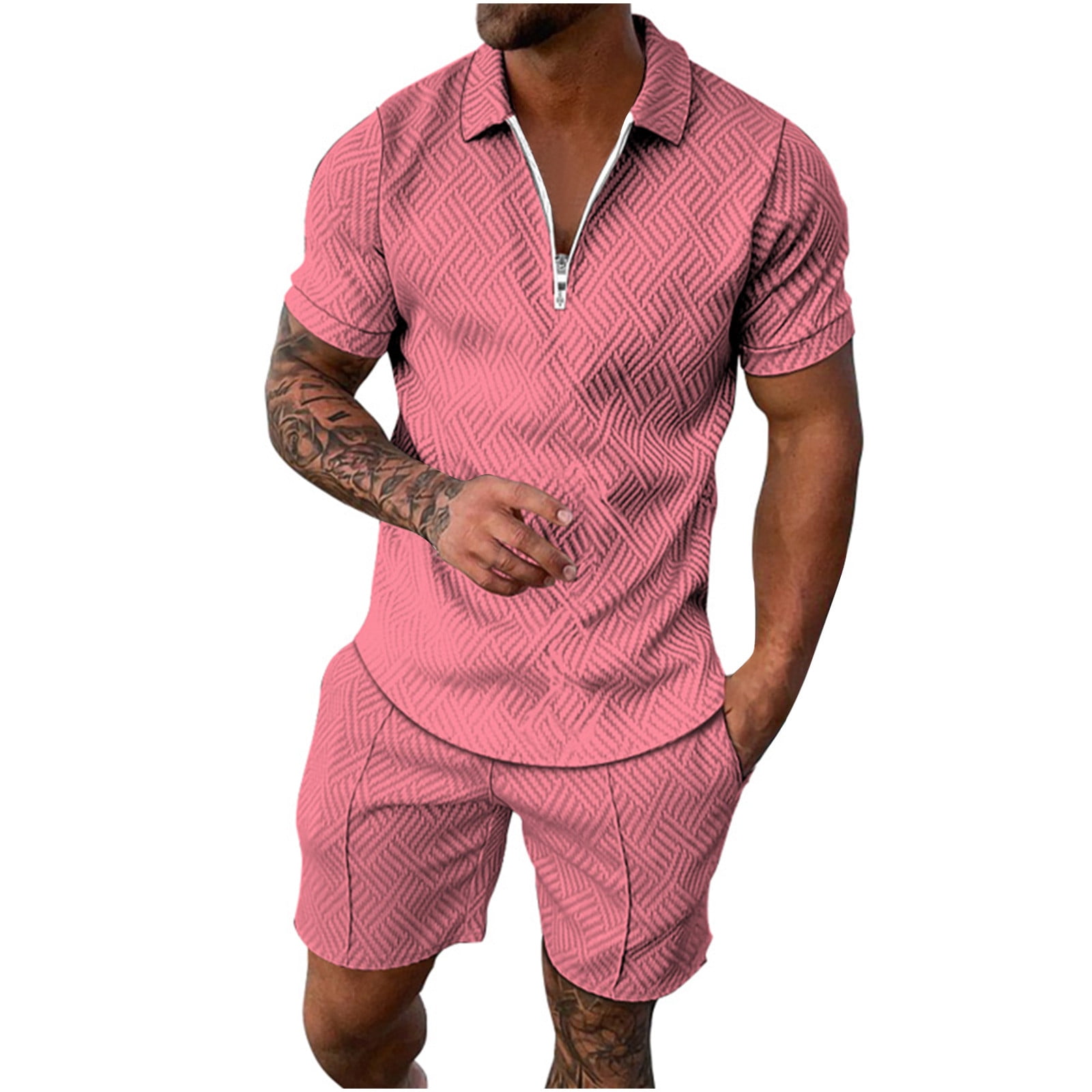 Men's 2 Piece Short Sets Outfits Polos Shirt and Shorts Set Solid Color ...