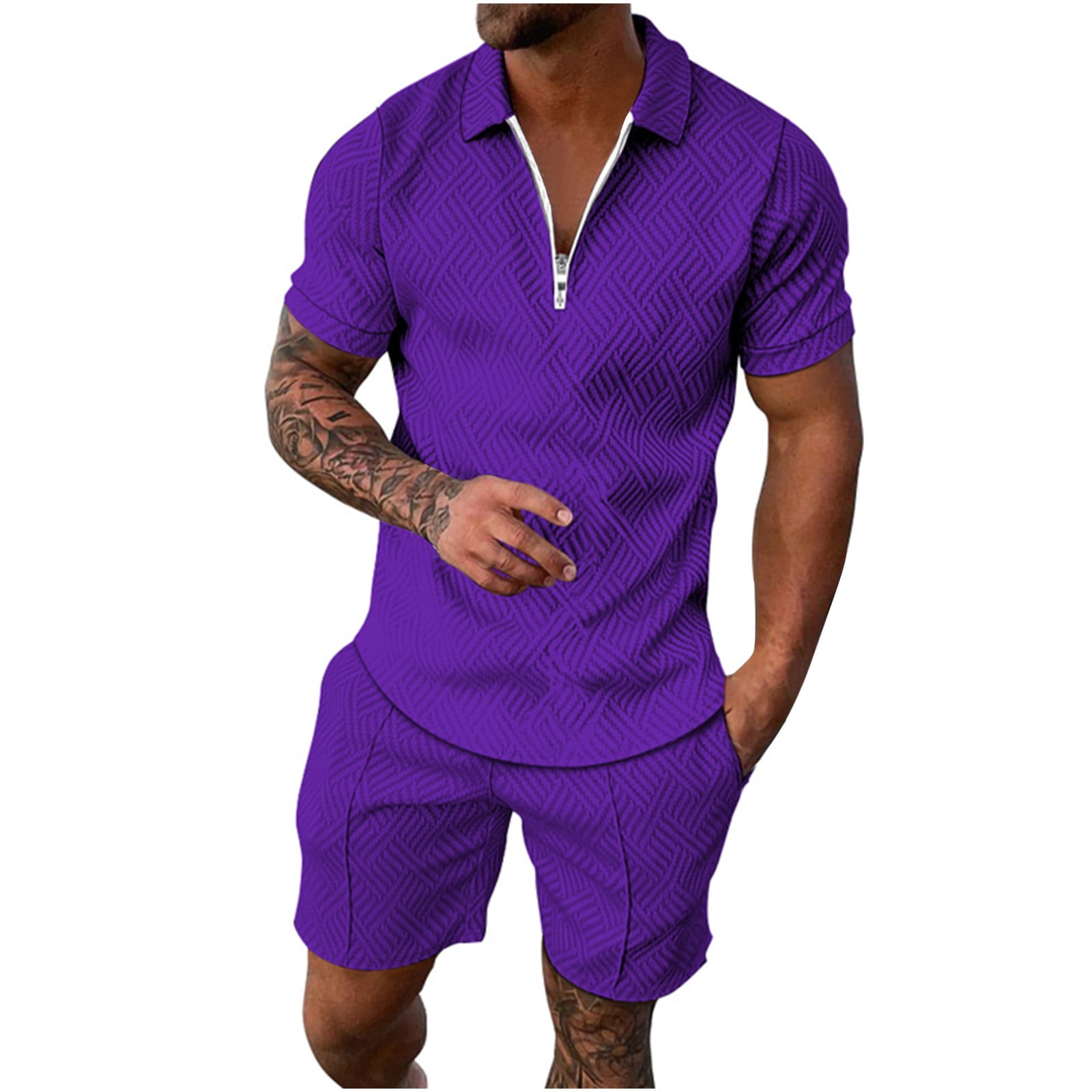 Men's 2 Piece Short Sets Outfits Polos Shirt and Shorts Set Solid Color Outfits Summer Casual ...