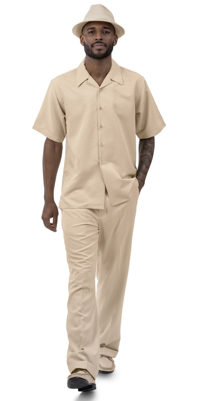 Men's 2 Piece Short Sleeve Walking Suit Tone on Tone Waterfall in Beige ...