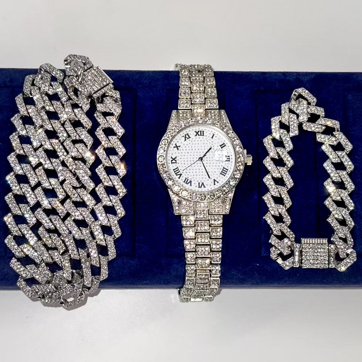 Men's 3-Piece Iced-Out Jewelry Set – Diamond Watch, Cuban Chain ...