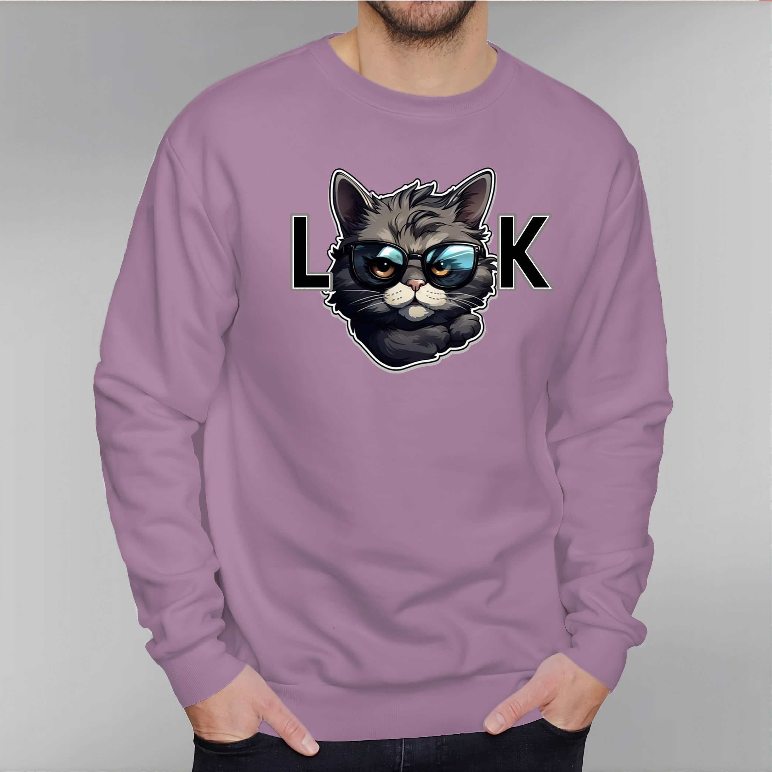 Men's 330g 100% Cotton Cartoon Cat Pattern Dropped Shoulder Crew Neck ...