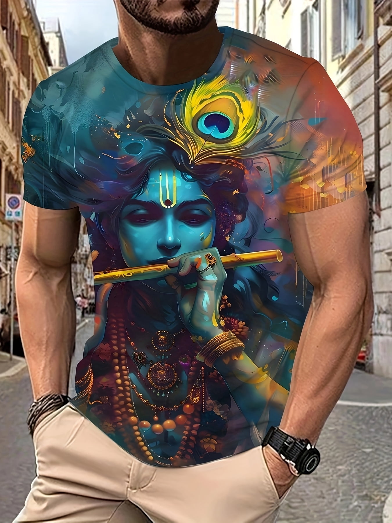 Men's 3D 3D Printed T-Shirt - Bright Hindu Gods and Peacock Art ...