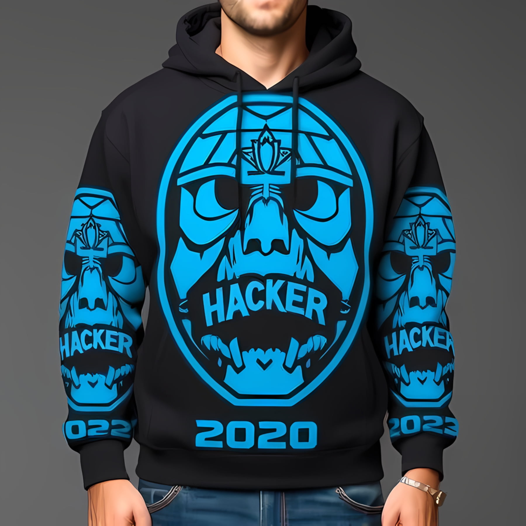 Men's 3D Black Hoodie with Vibrant Blue Graphic Design - 'HACKER ...