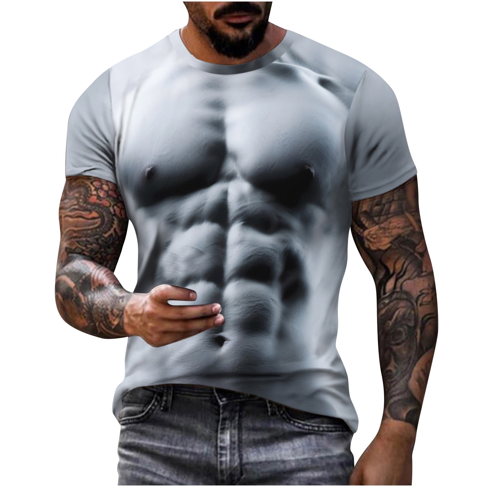 Men's 3D Fake Abs Muscle Tee – Funny Short Sleeve Graphic T-Shirt with ...