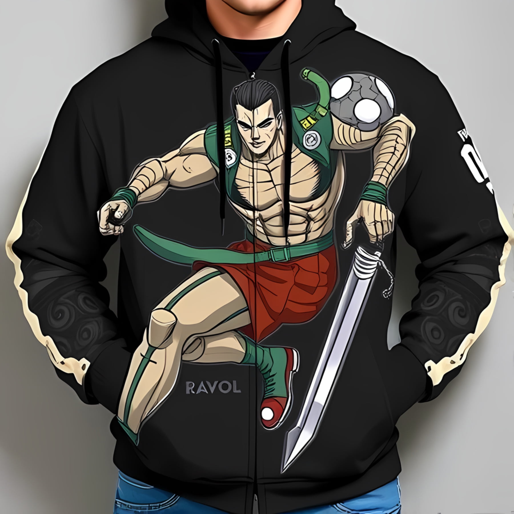 Men's 3D Graphic Hoodie with Muscular Anime Character Action Design ...