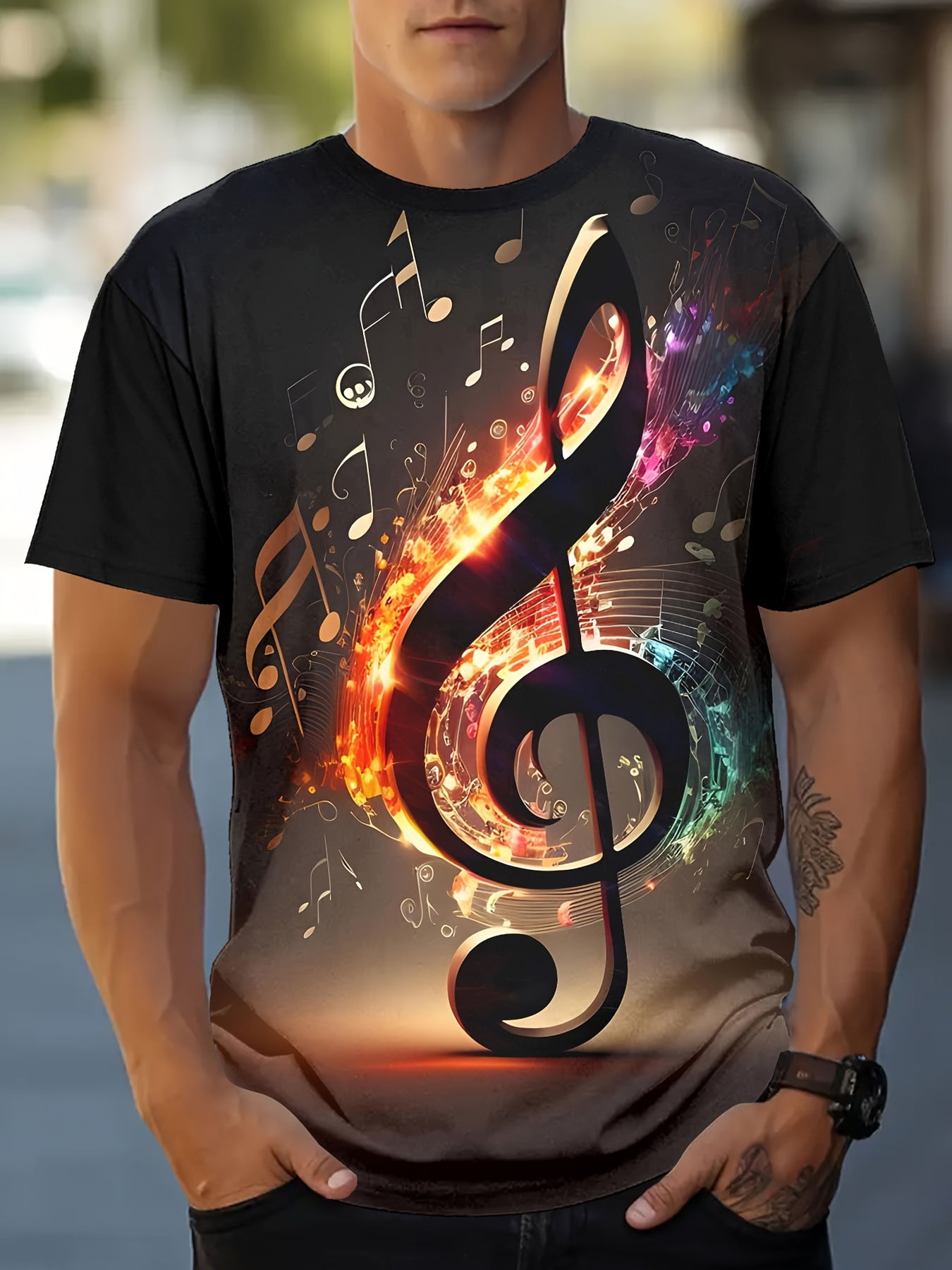Men's 3D Musical Note and Treble Clef Print T-Shirt - Music Theme ...