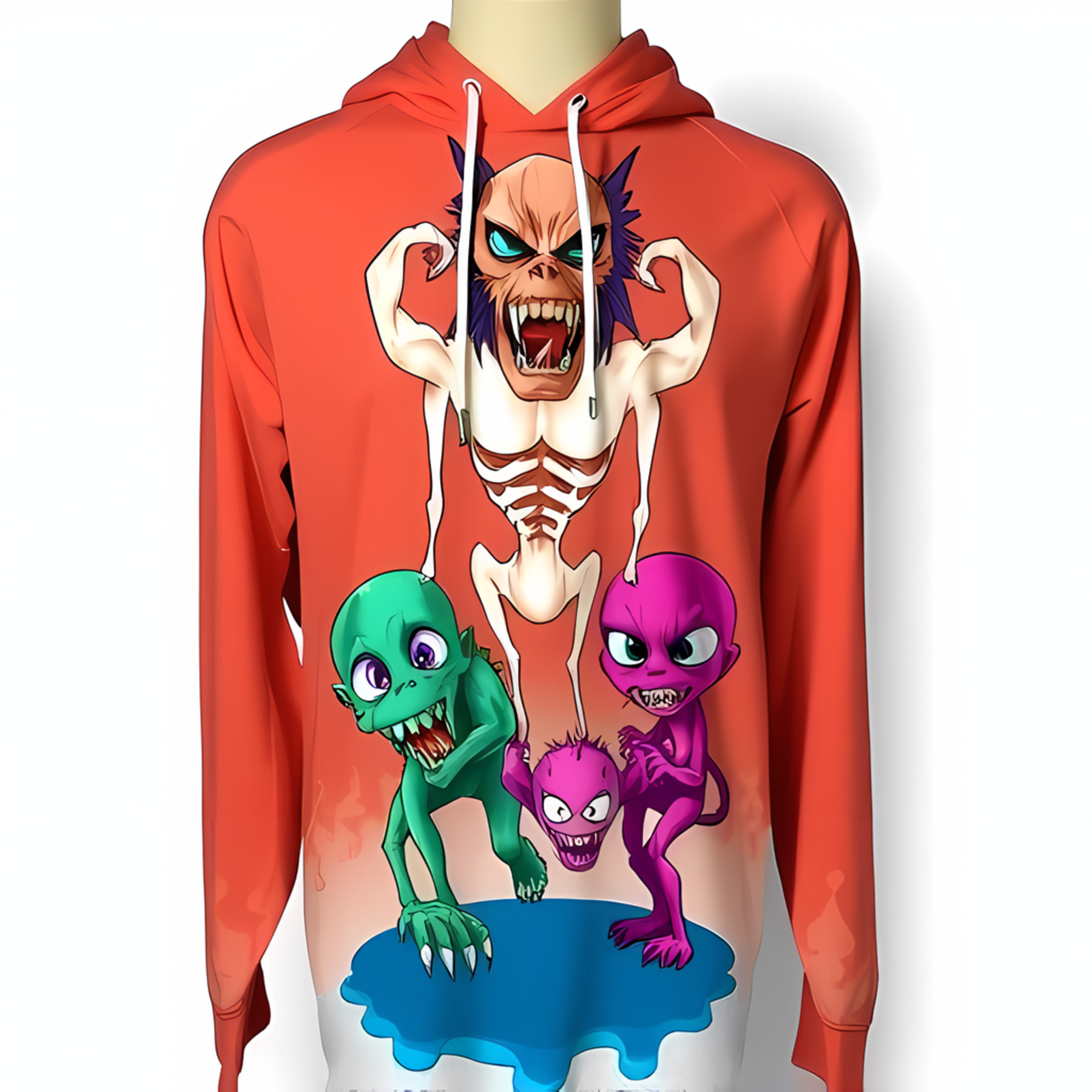 Men's 3D Orange Hoodie with Cartoonish Skeletal Figure & Mischievous ...