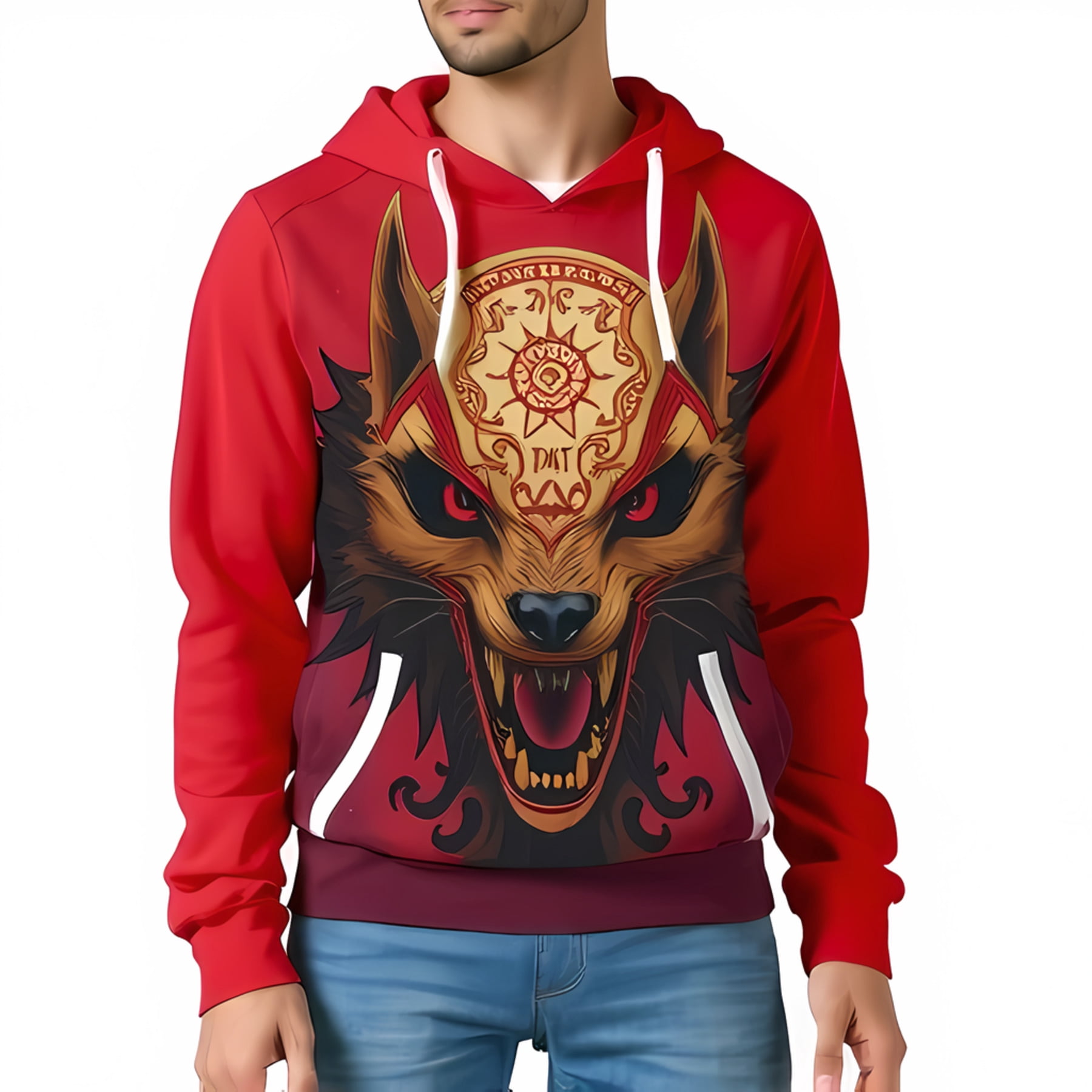 Men's 3D Red Hooded Sweatshirt with Stylized Graphic Glowing Eyes ...