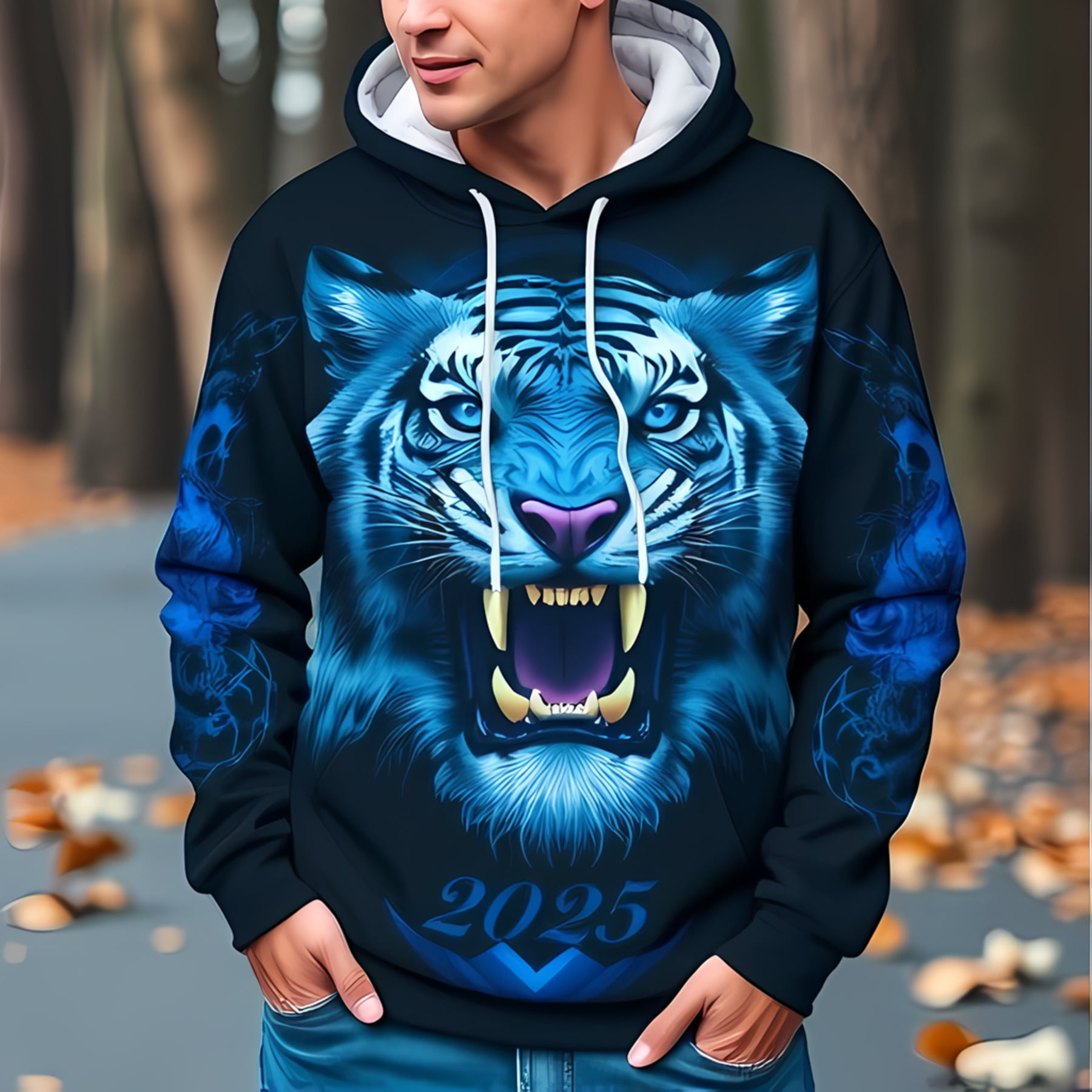 Men's 3D Roaring Blue Tiger Hoodie with Year 2025 Graphic Stylish ...