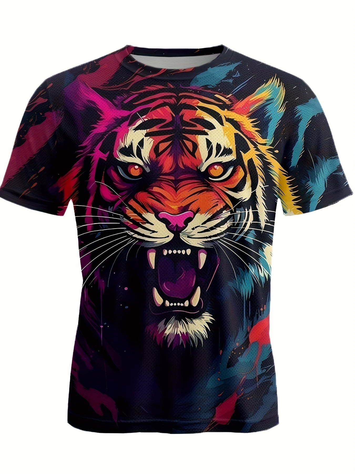 Men's 3D Tiger Print T-Shirt - Bold Neon Tiger Face Pattern, Glowing ...