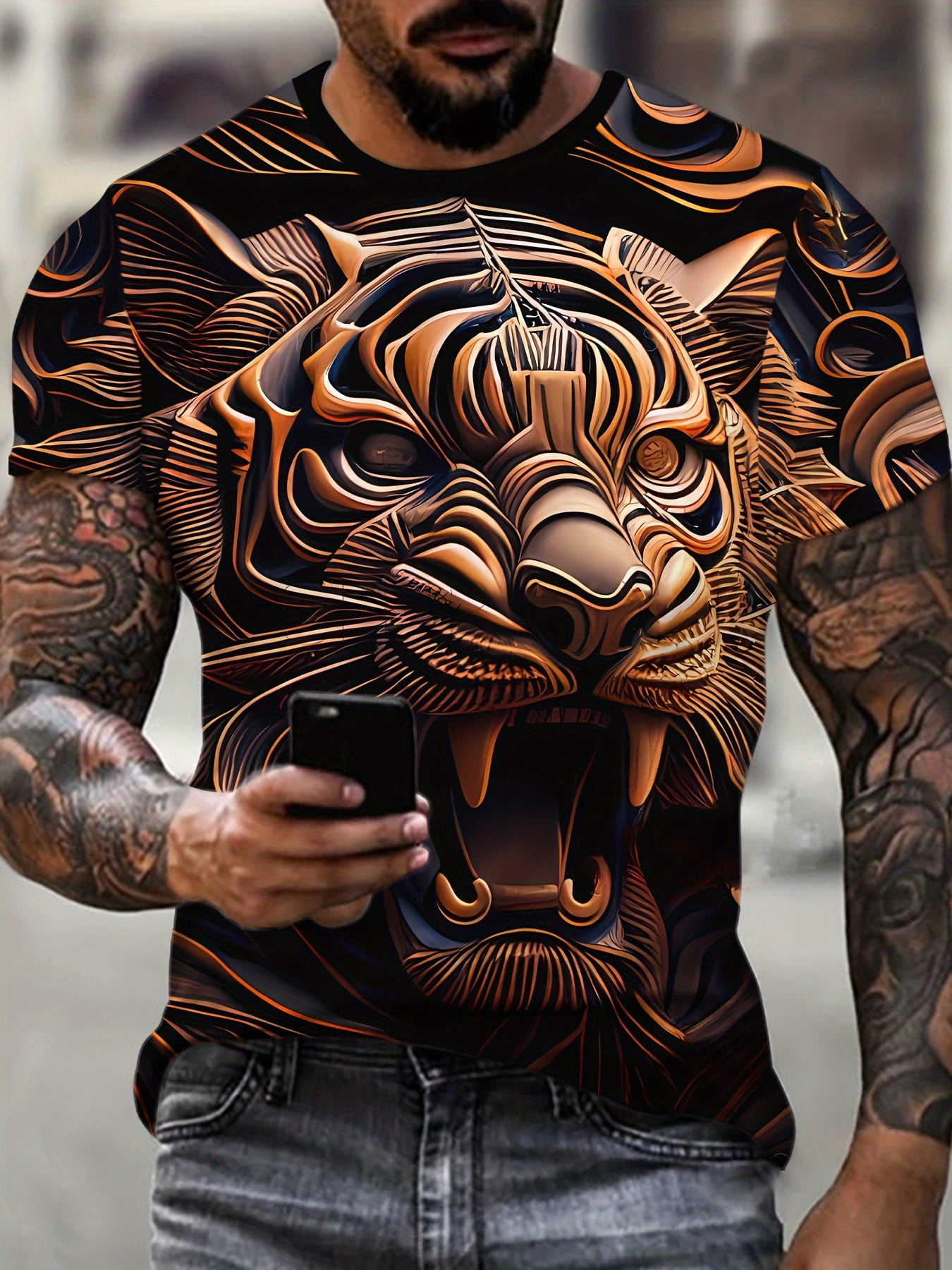 Men's 3D Tiger Printed Crew Neck Short Sleeve T-shirt-Fashion Orange ...