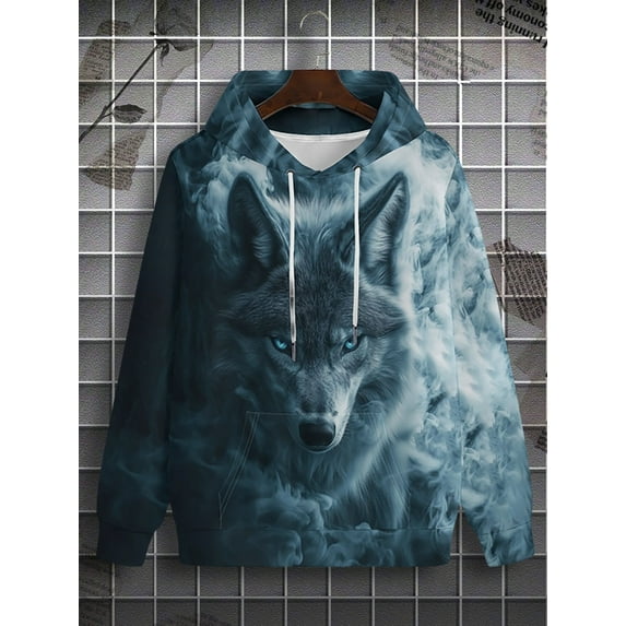 Men's 3D Wolf Print Hooded Sweatshirt with Kangaroo Pocket, Spring and ...