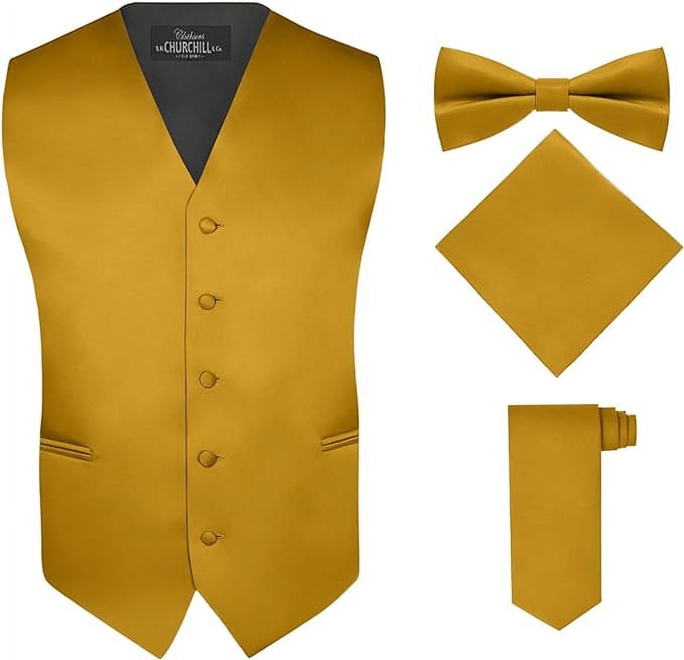 S.H. Churchill & Co. Men's 4 Piece Satin Vest Set, Gold, S, Bow Tie, Neck Tie, Pocket Hankie ...