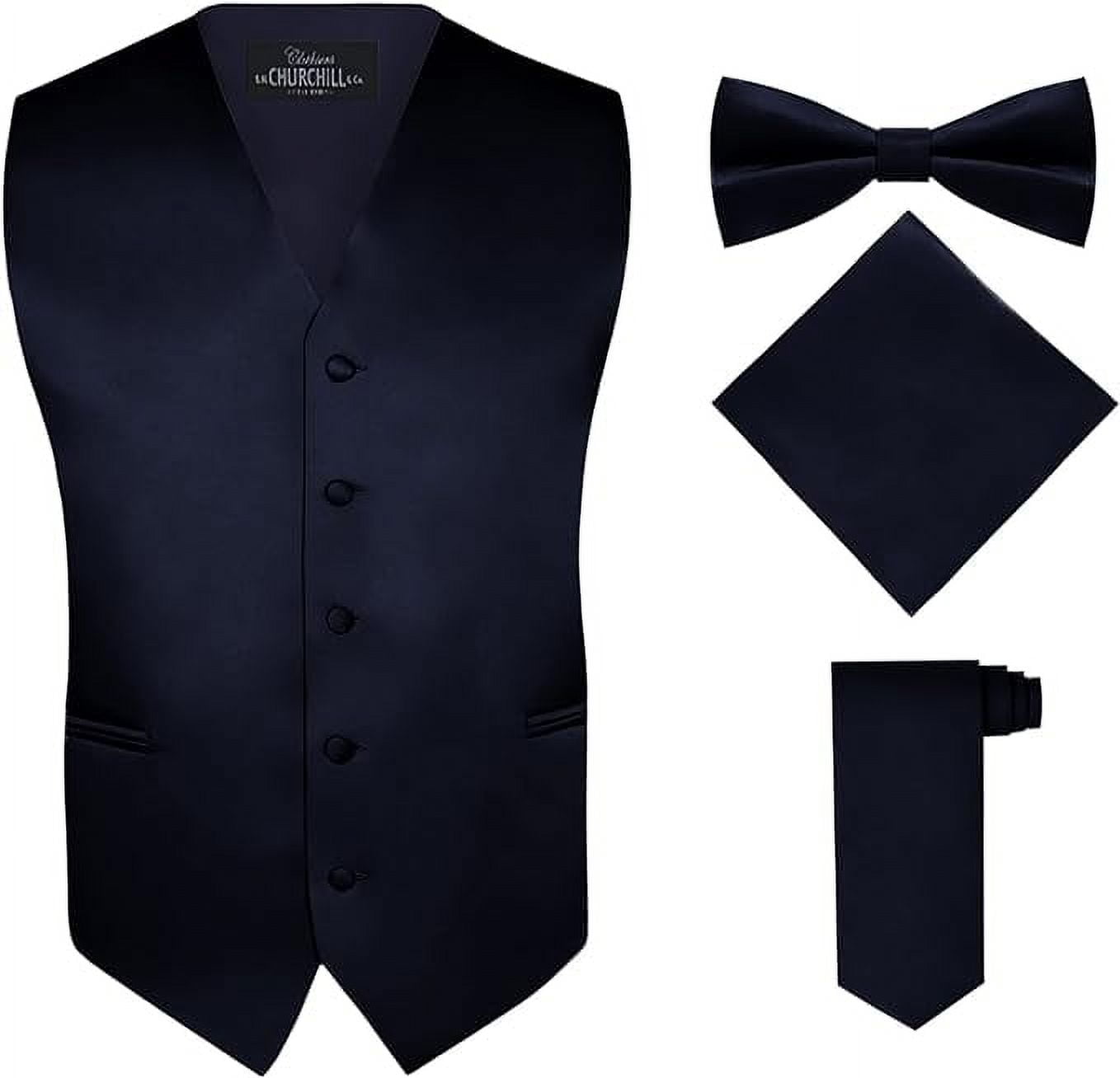 Men's 4 Piece Vest Set, with Bow Tie, Neck Tie & Pocket Hankie - Navy ...