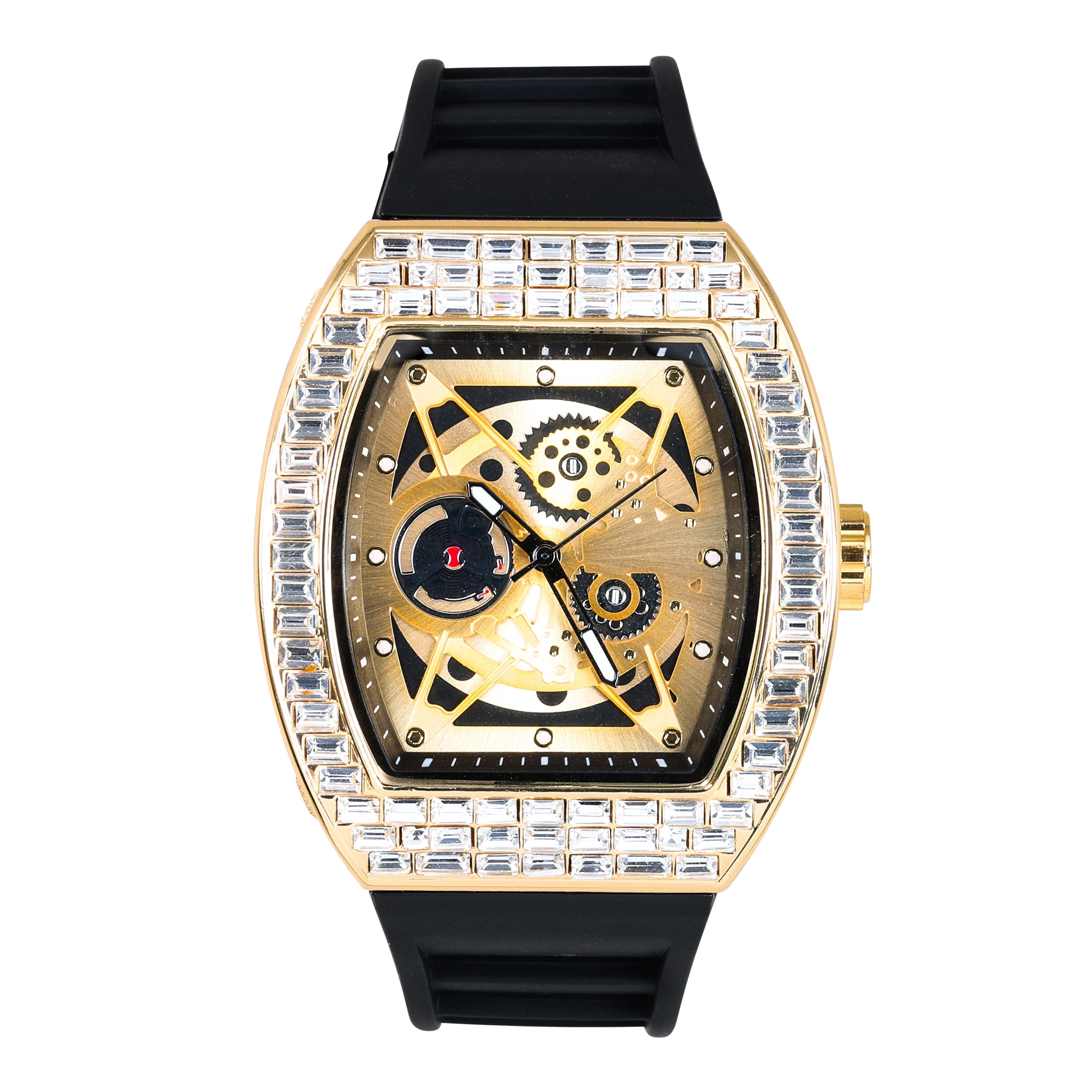 Men's 40mm Iced Out Tonneau Shape Silicone Band Watch - Gold Finish ...