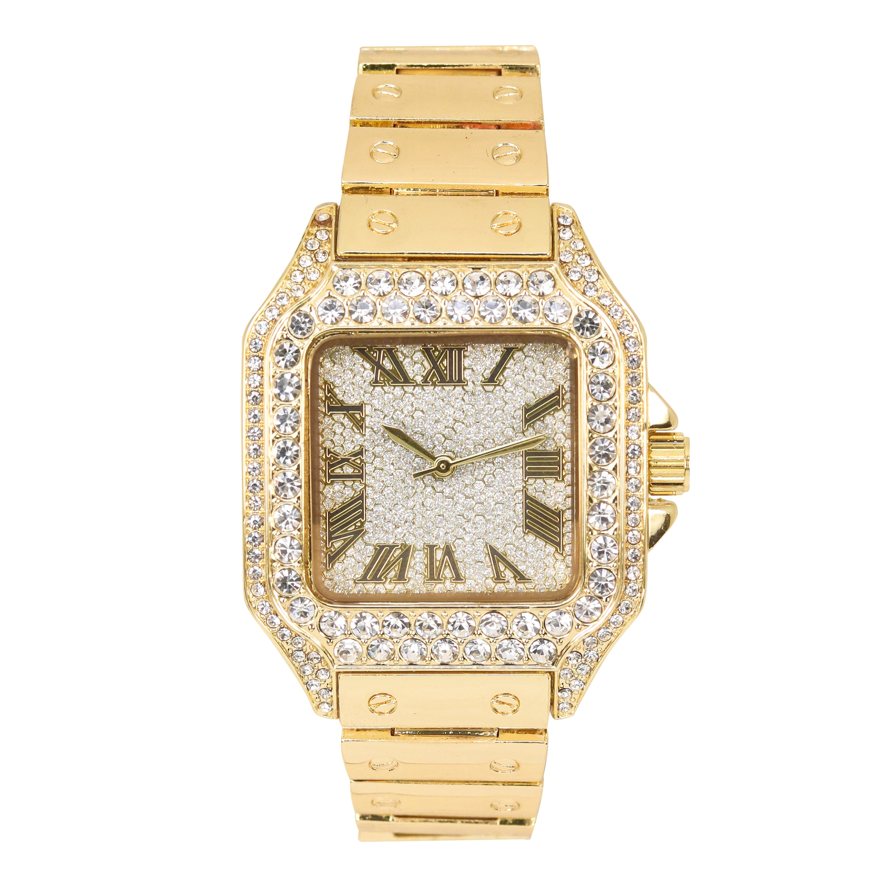 Men's 40mm Square Metal Band Watch – Quartz Movement, Fully Iced Bezel ...