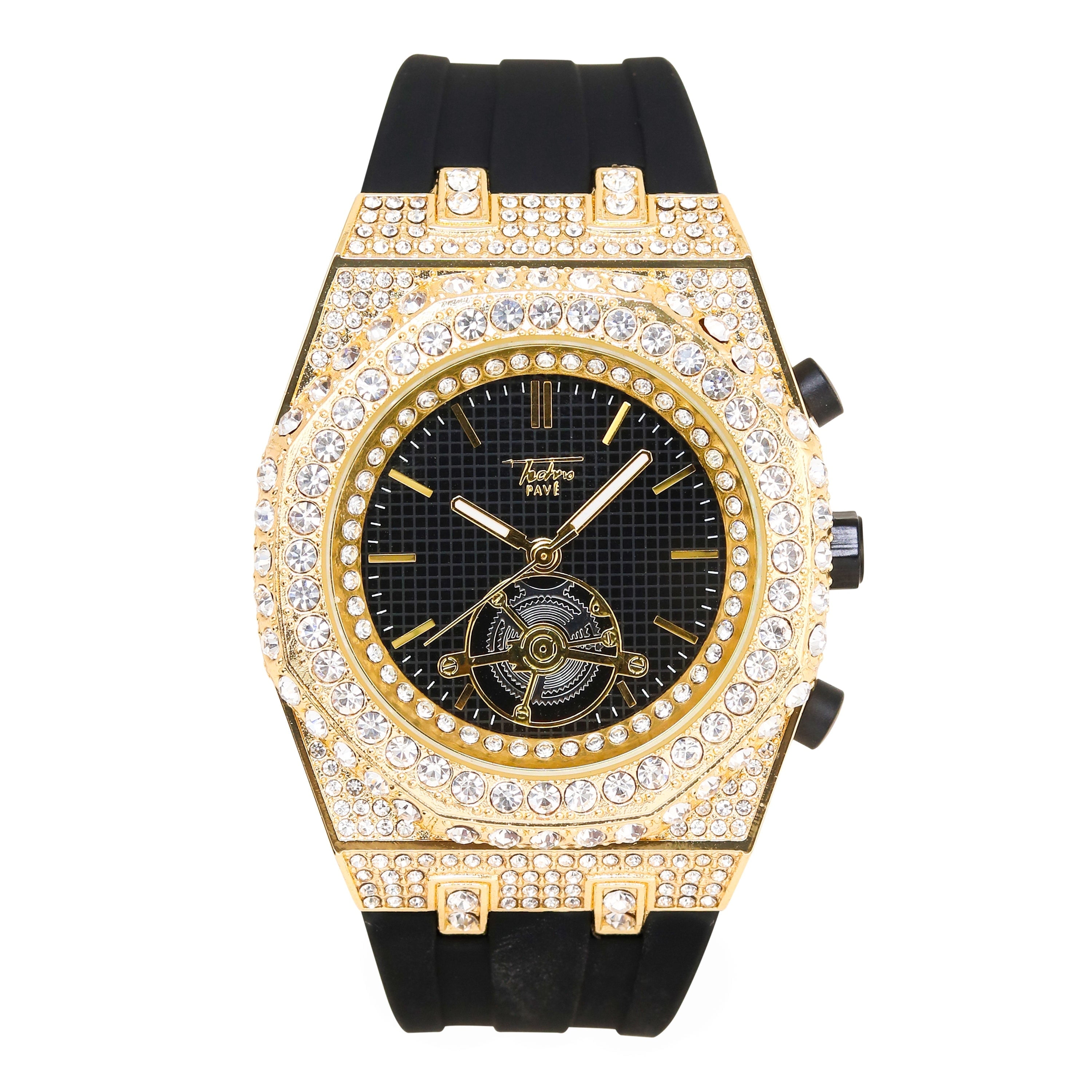 Men's 43mm Iced Out Octagon Watch – Diamond Dial, Silicone Band, Quartz ...