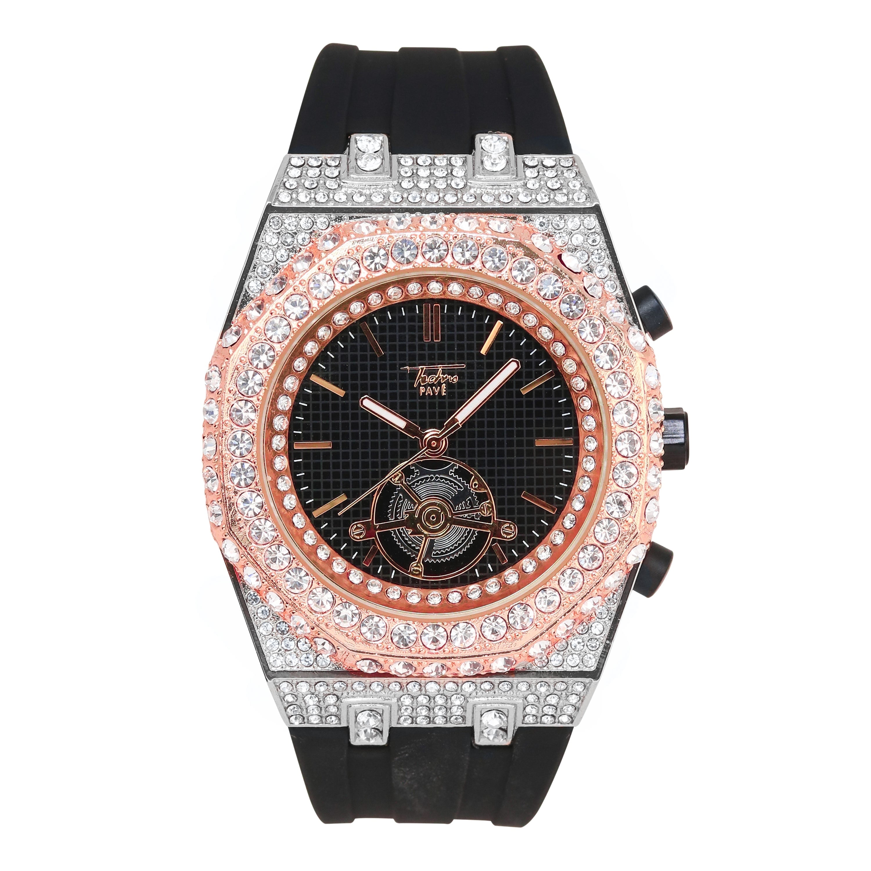 Men's 43mm Iced Out Octagon Watch – Diamond Dial, Silicone Band, Quartz ...