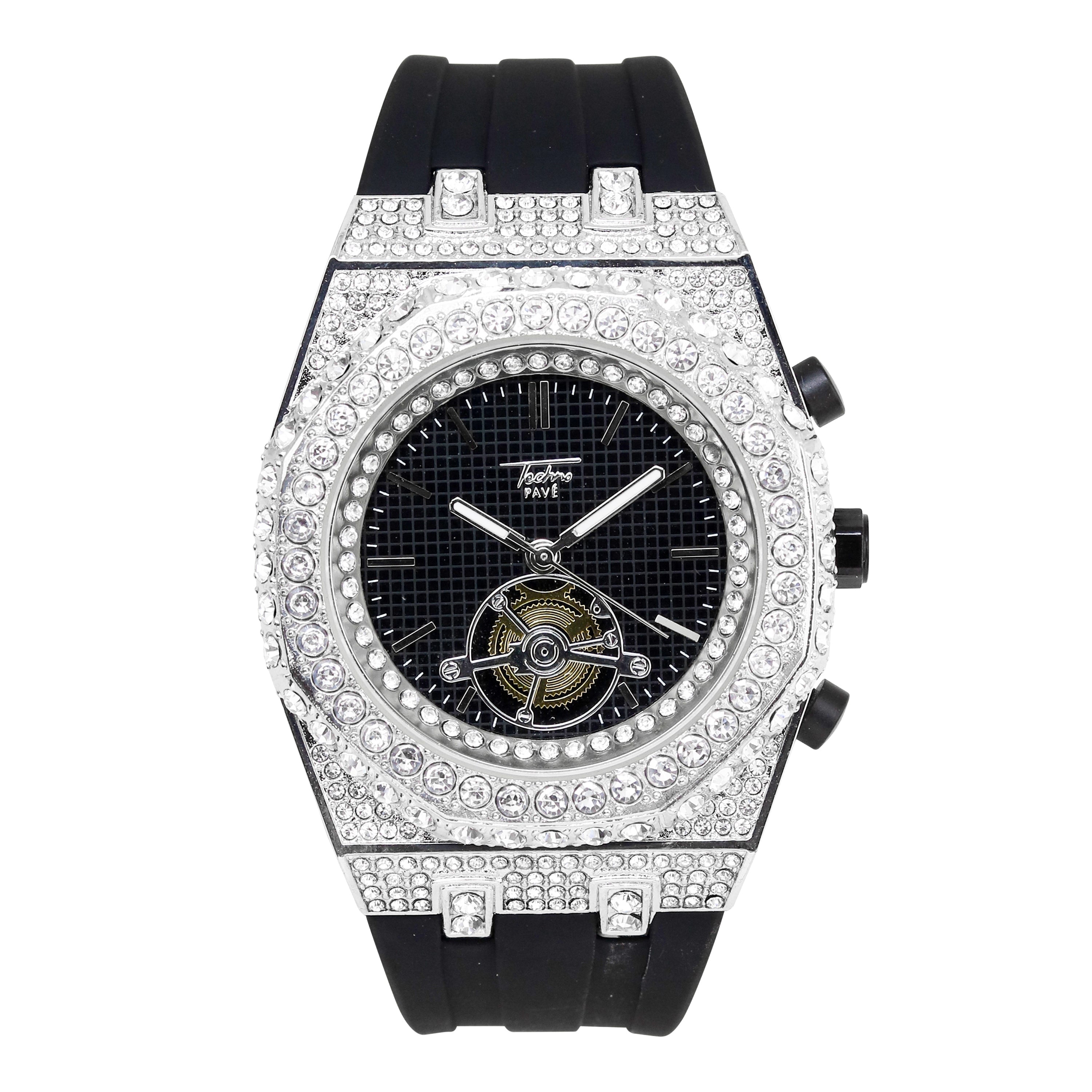 Men's 43mm Iced Out Octagon Watch – Diamond Dial, Silicone Band, Quartz ...