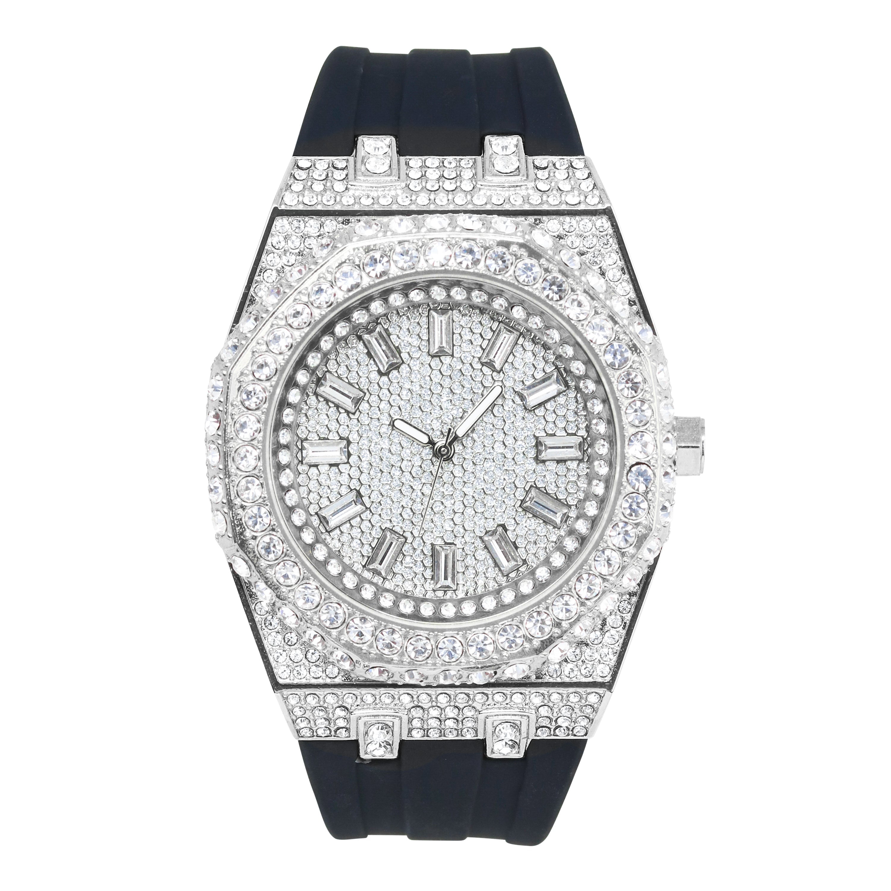 Men's 43mm Iced Out Octagon Watch – Silicone Band, Baguette Dial ...