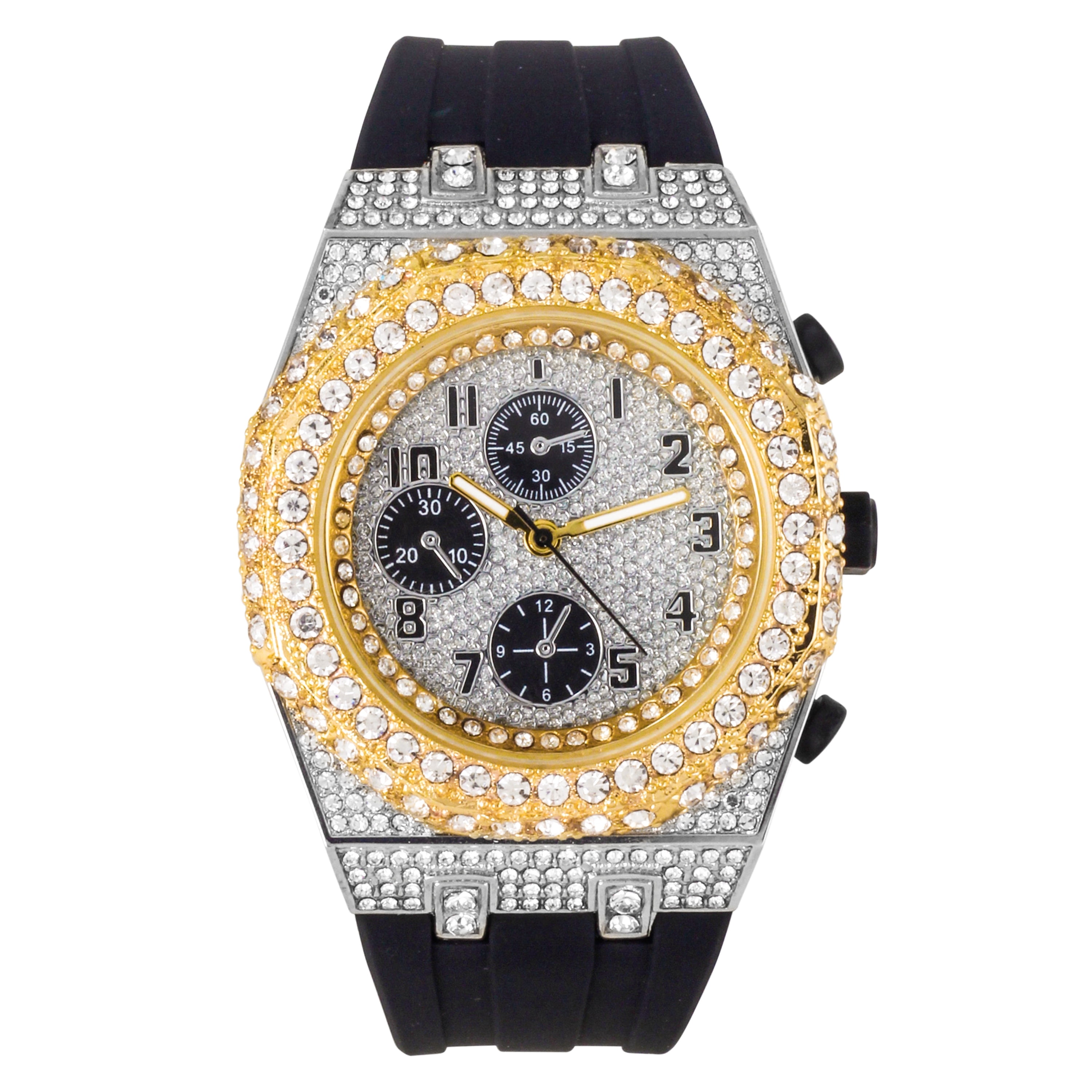Men's 43mm Iced Out Octagonal Case Silicone Band Watch - Two Tone ...