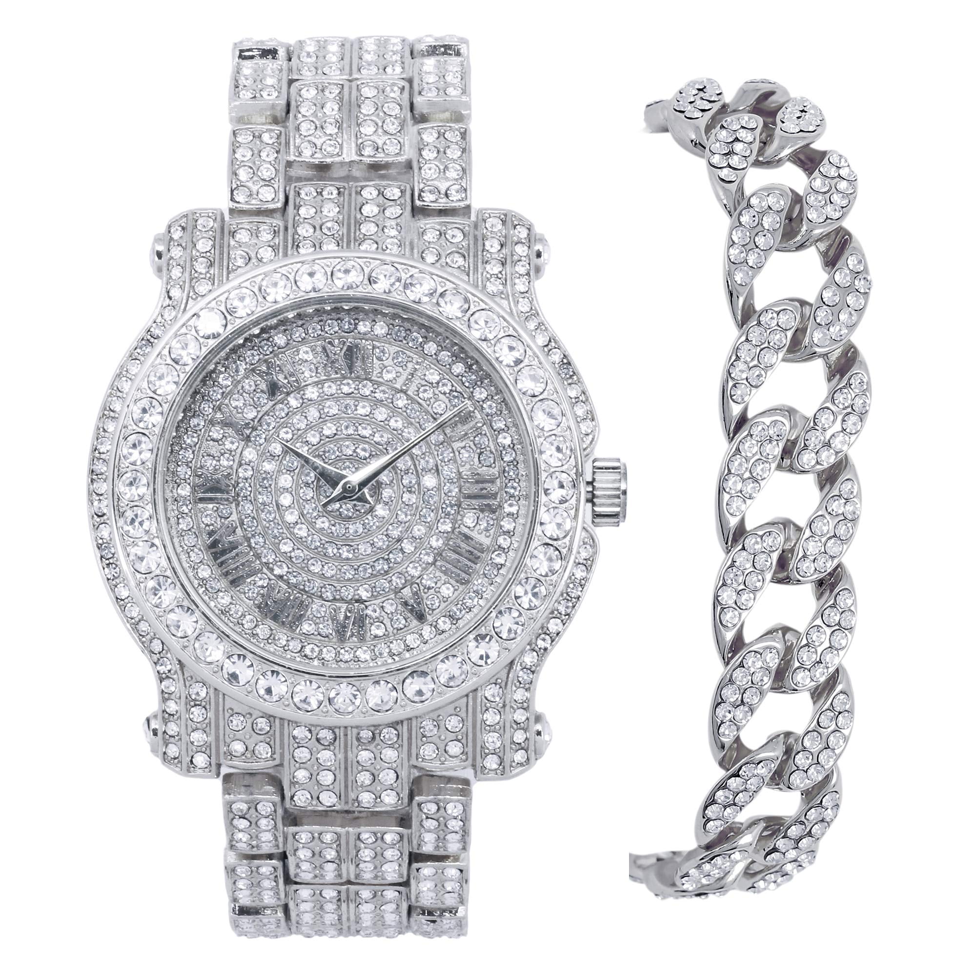 Men's 45mm Iced Diamond Pave Watch with Roman Dial - Simulated Diamonds ...