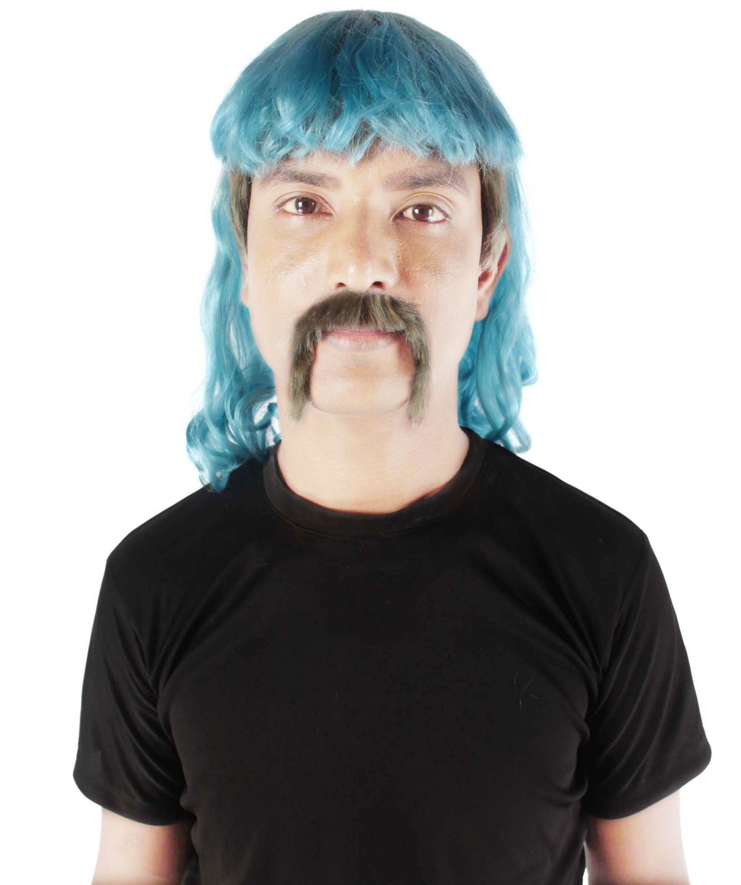 Men's 80's Mullet Wig with Handlebar Mustache Set, Long Curly Zookeeper ...