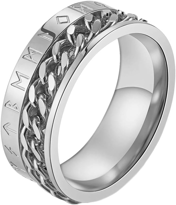 Men's 8MM Stainless Steel Chain Spinner Ring Band with Viking Rune Odin ...