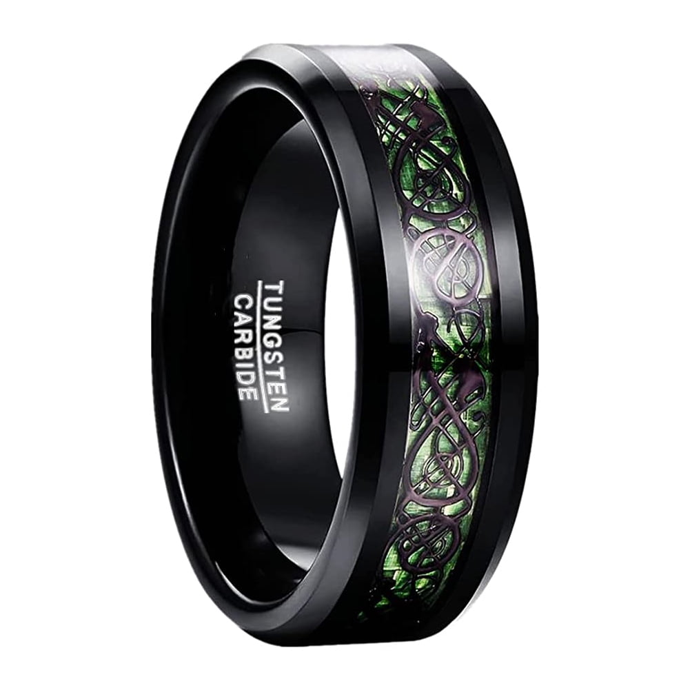 Men's 8mm Black Green Wedding Band Celtic Dragon Tungsten Rings Carbon ...