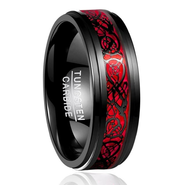 Men's 8mm Black Red Wedding Band Celtic Dragon Tungsten Rings Opal ...