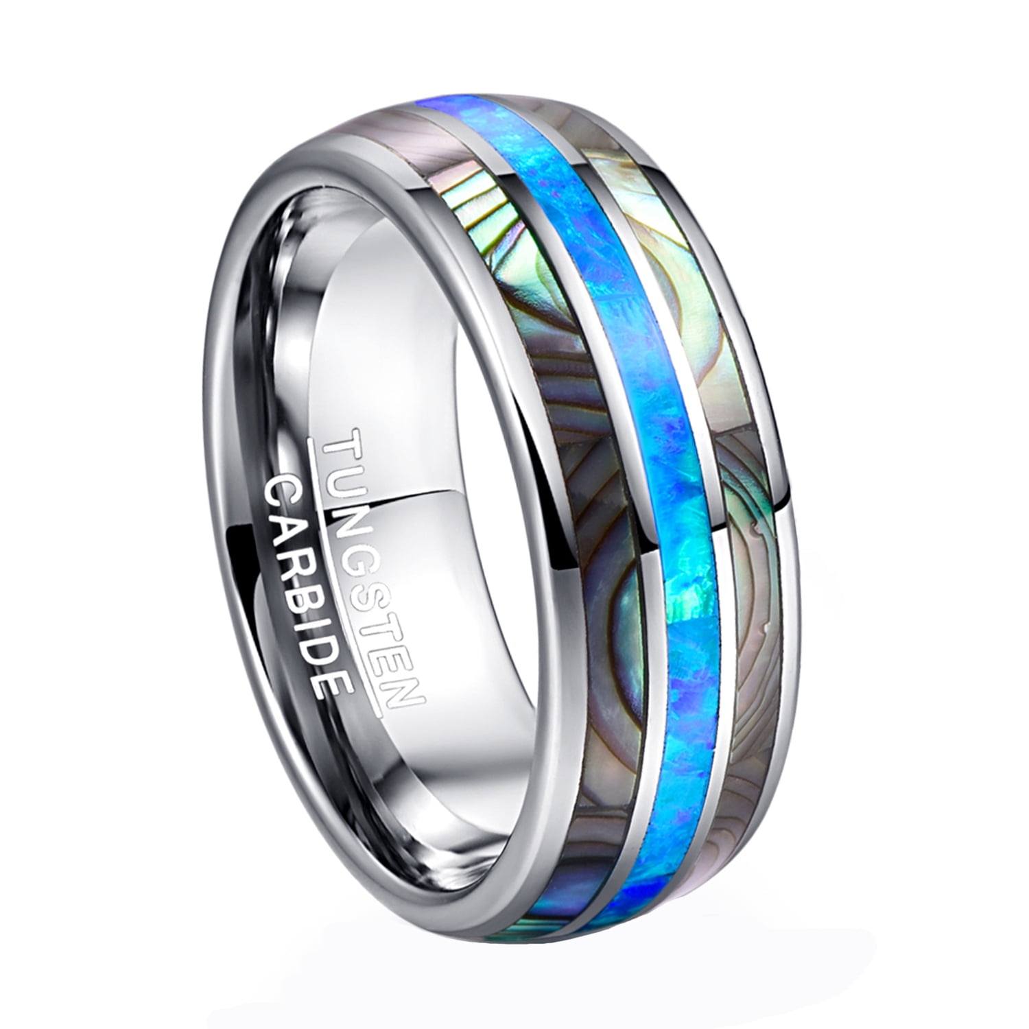 Men's 8mm Tungsten Carbide Ring Blue Created Opal and Abalone Shell Inlay Wedding Engagement ...