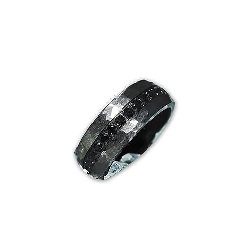 Men's 8mm Tungsten Carbide Ring – Brushed Hammered Finish with Stone ...