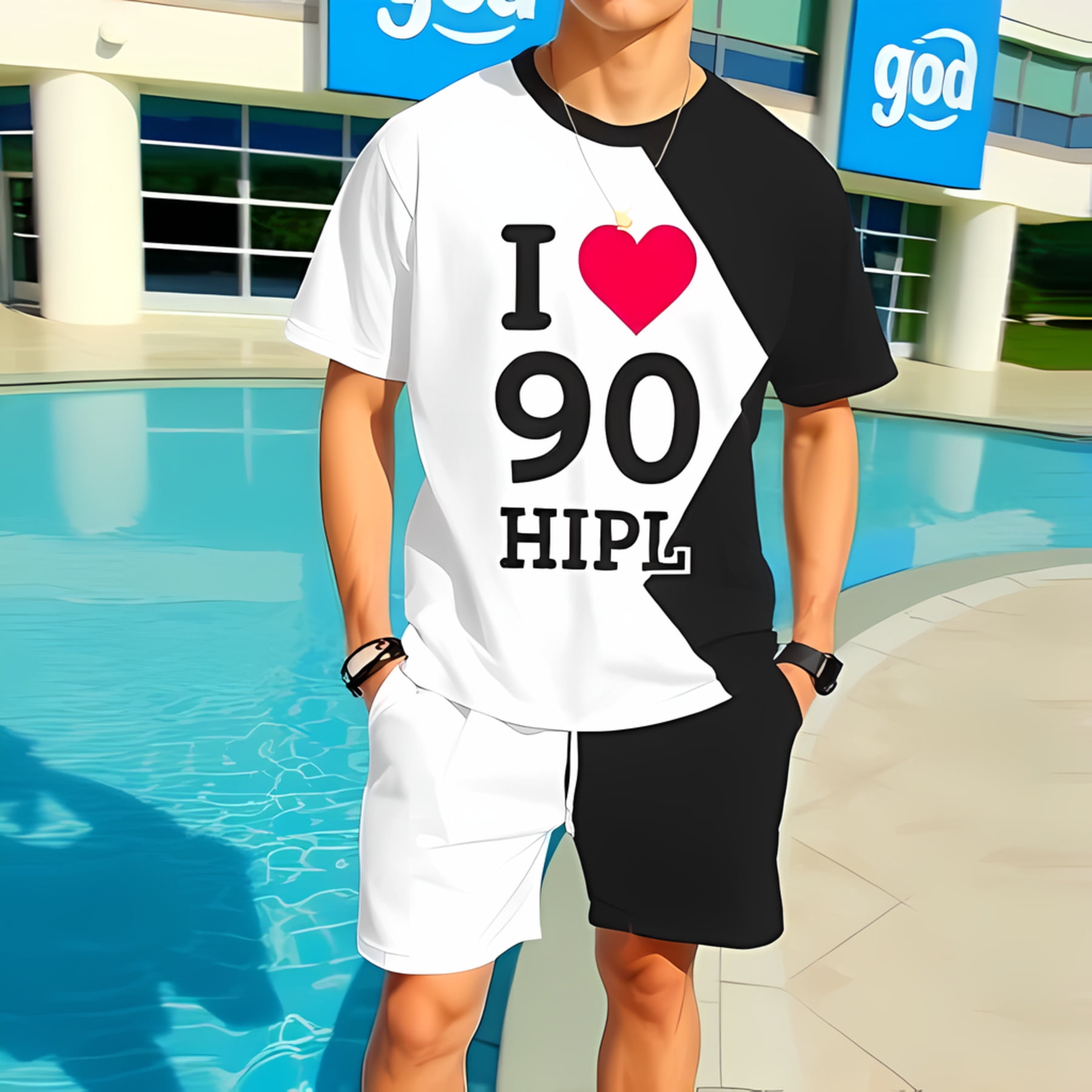 Men's 90s Inspired Black & White Diagonal Panel T-Shirt and Shorts Set ...