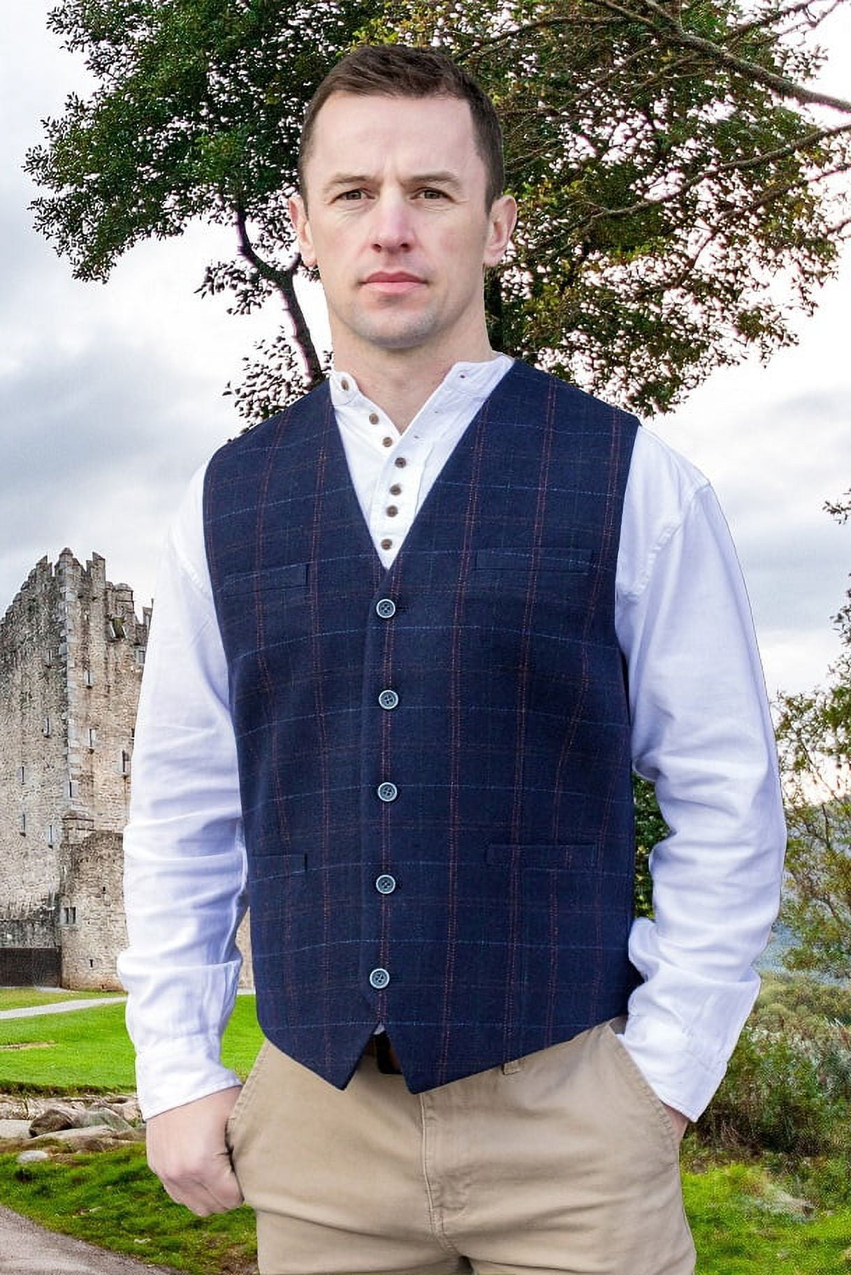 Men's Adult Irish Tweed Vest – Blue Check Design by Emerald Isle, Large ...