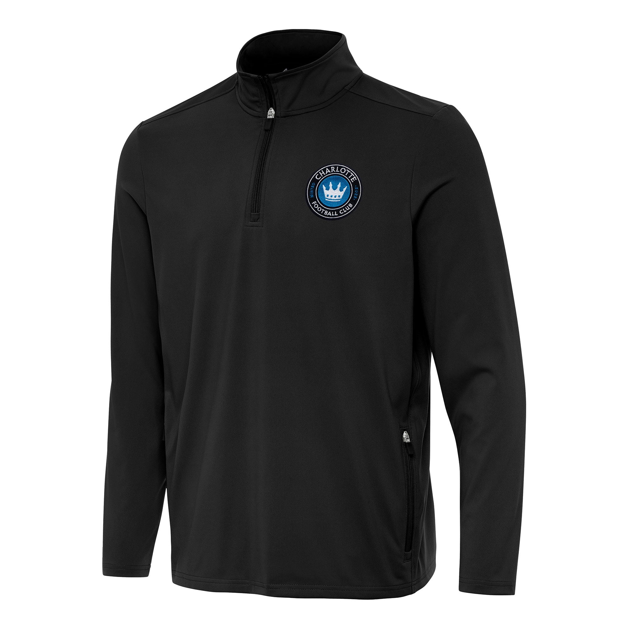Men's Antigua Black Charlotte FC Perilous Quarter-Zip Pullover Top ...
