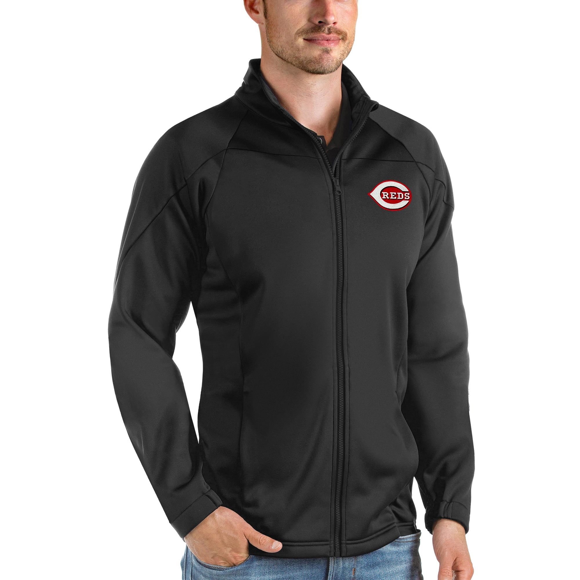 Men's Antigua Black Cincinnati Reds Links Full-Zip Golf Jacket ...