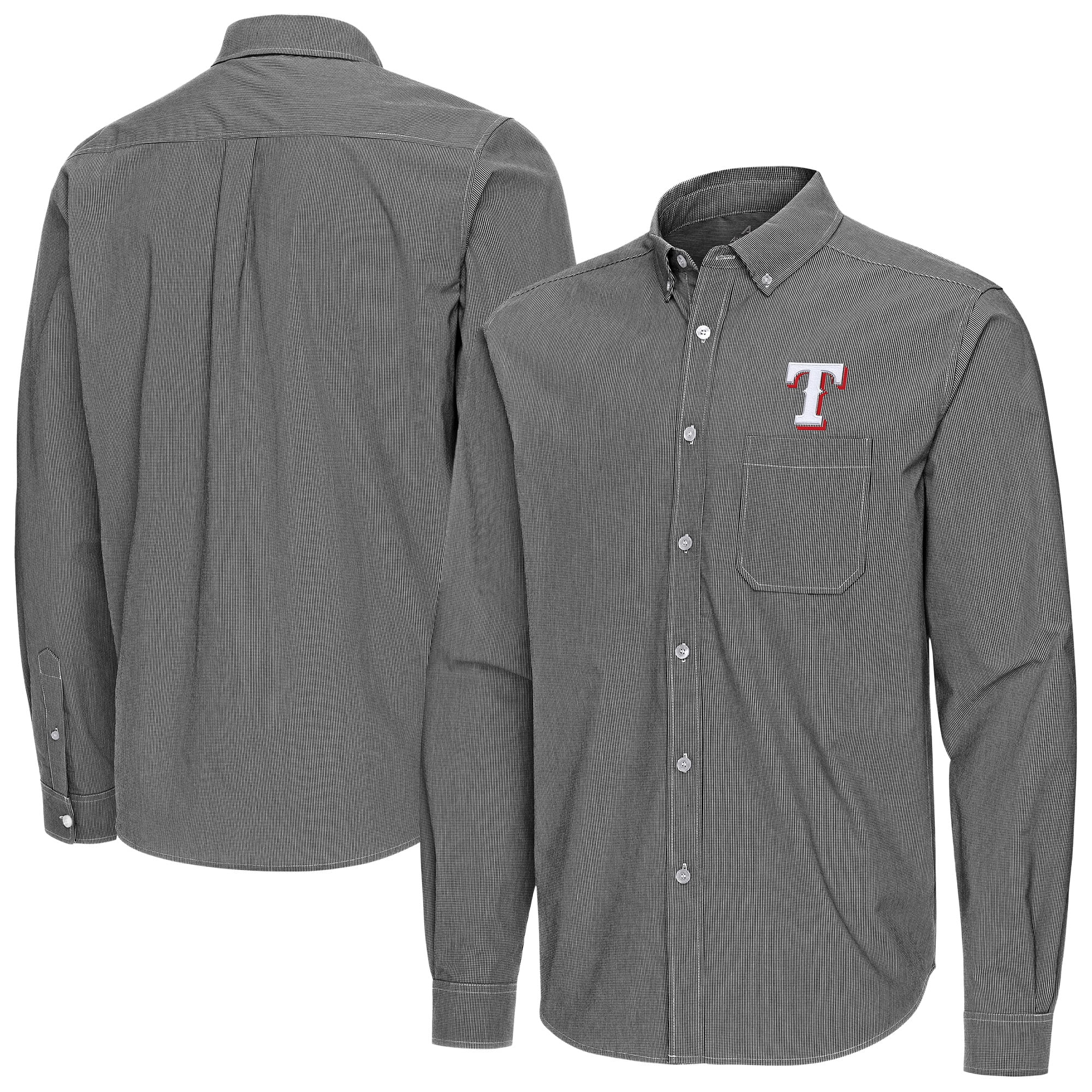 Men's Antigua Black Texas Rangers Porter Woven Long Sleeve Button-Down ...