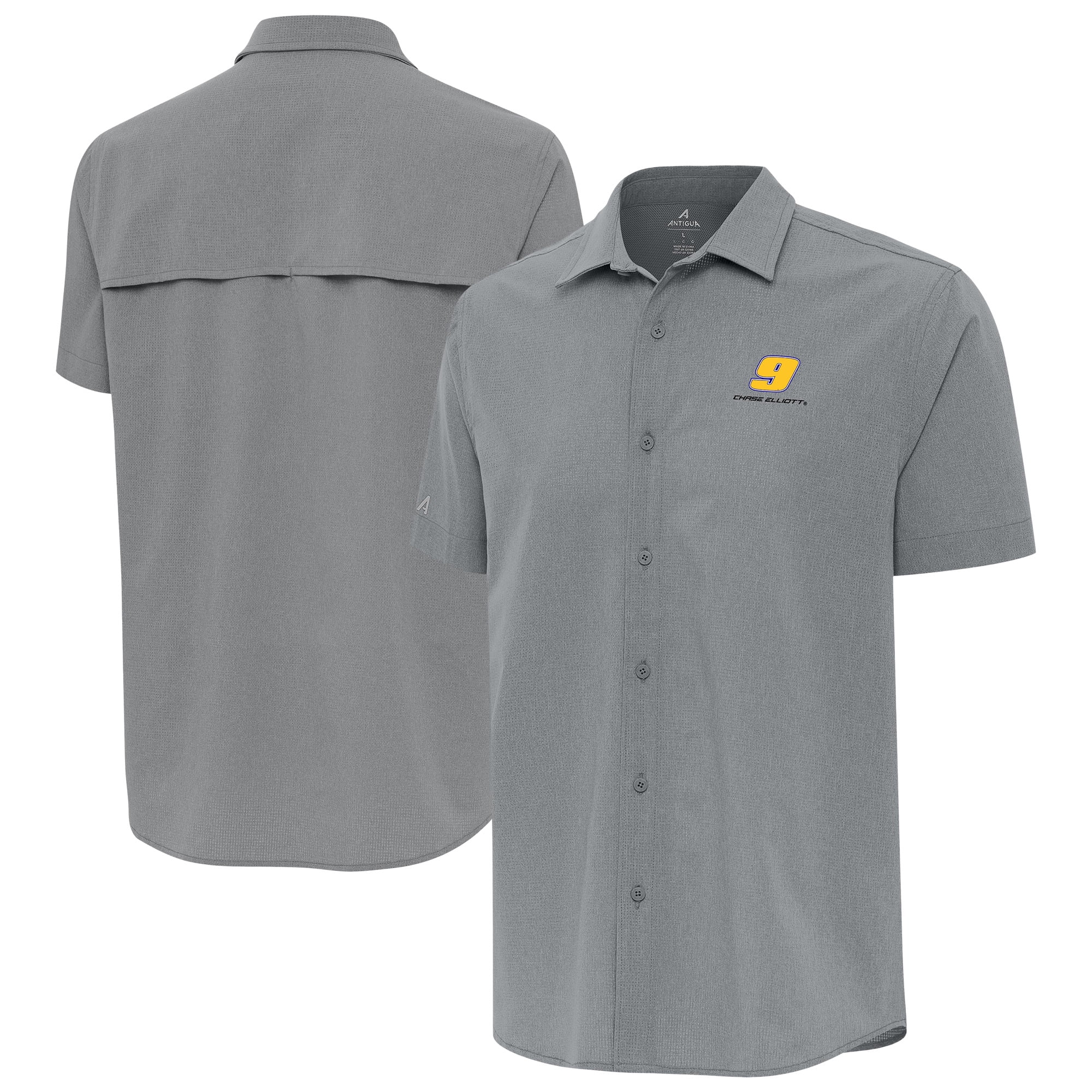 Men's-Antigua Gray Chase Elliott Activate Woven Short Sleeve Button-Up ...