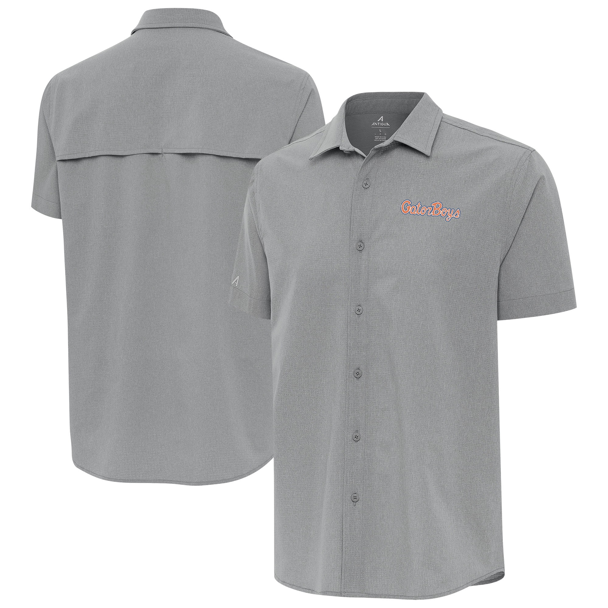 Men's Antigua Gray Florida Gators GatorBoys Activate Woven Short Sleeve ...