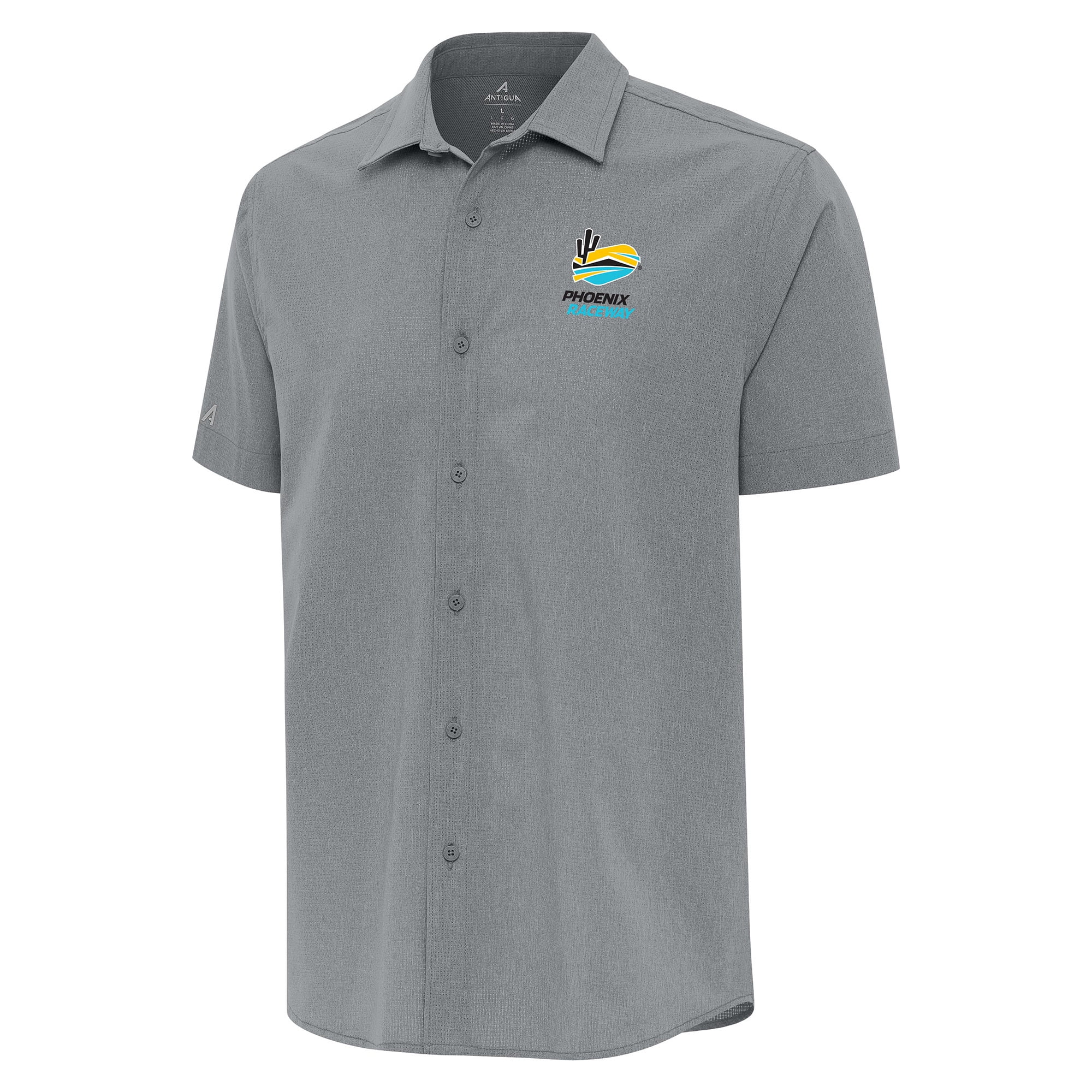 Men's-Antigua Gray Phoenix Raceway Activate Full-Button Short Sleeve ...