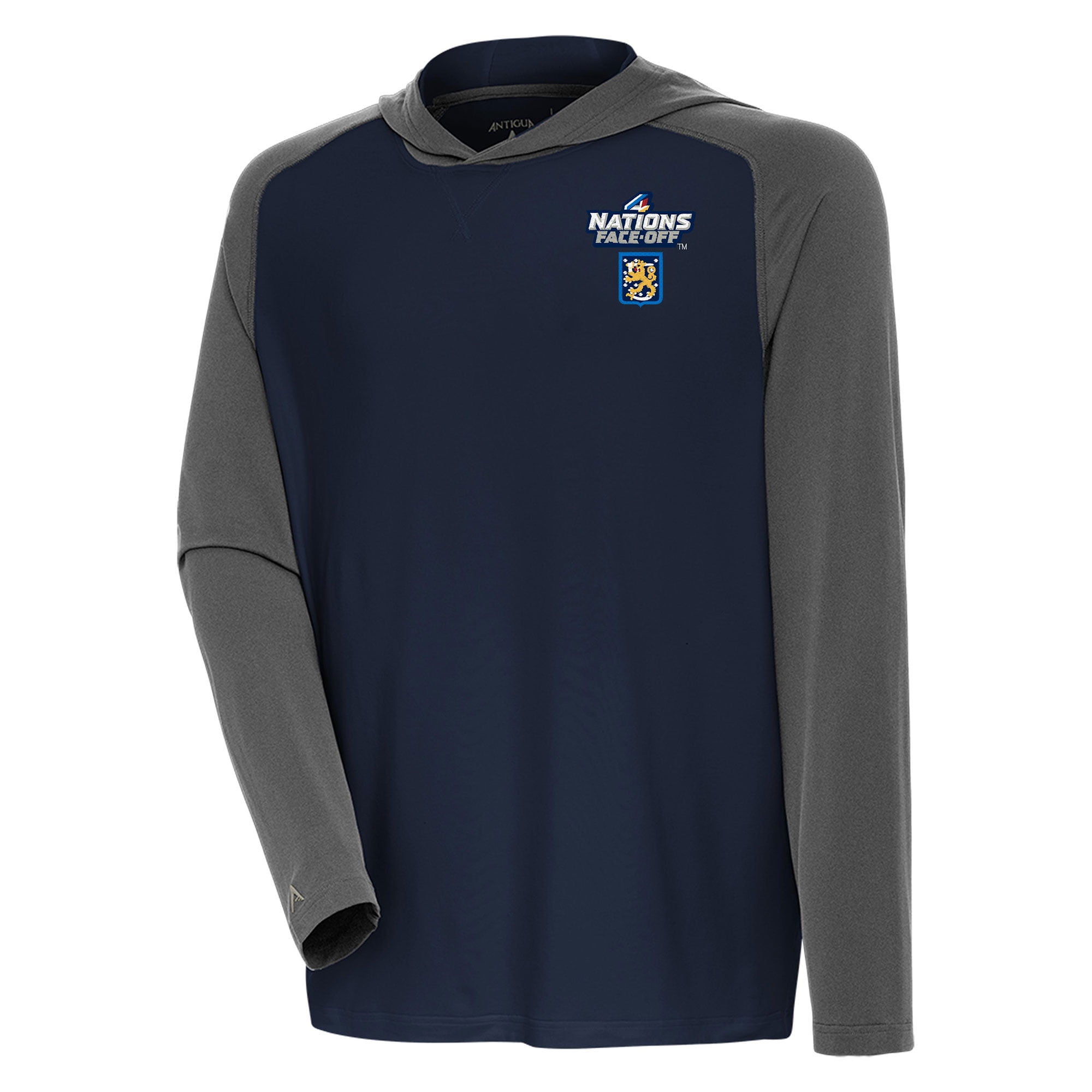 Men's Antigua Navy/Pewter Finland Hockey 2025 4 Nations Face Off Intrepid Raglan Pullover Hoodie ...