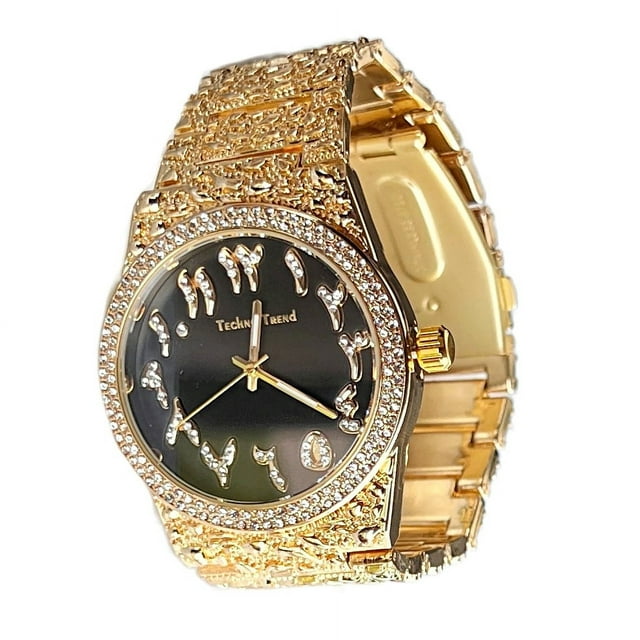 Men's Arabic Numeral Dial Gold Plated Nugget Band Hip Hop Watch Black ...