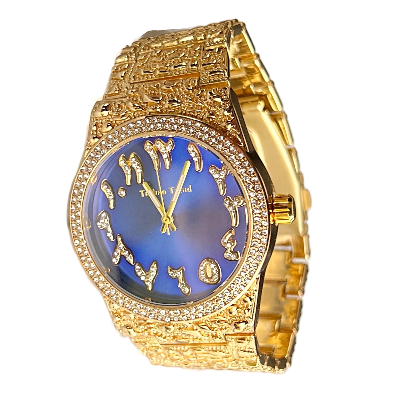 Men's Arabic Numeral Dial Gold Plated Nugget Band Hip Hop Watch Blue ...