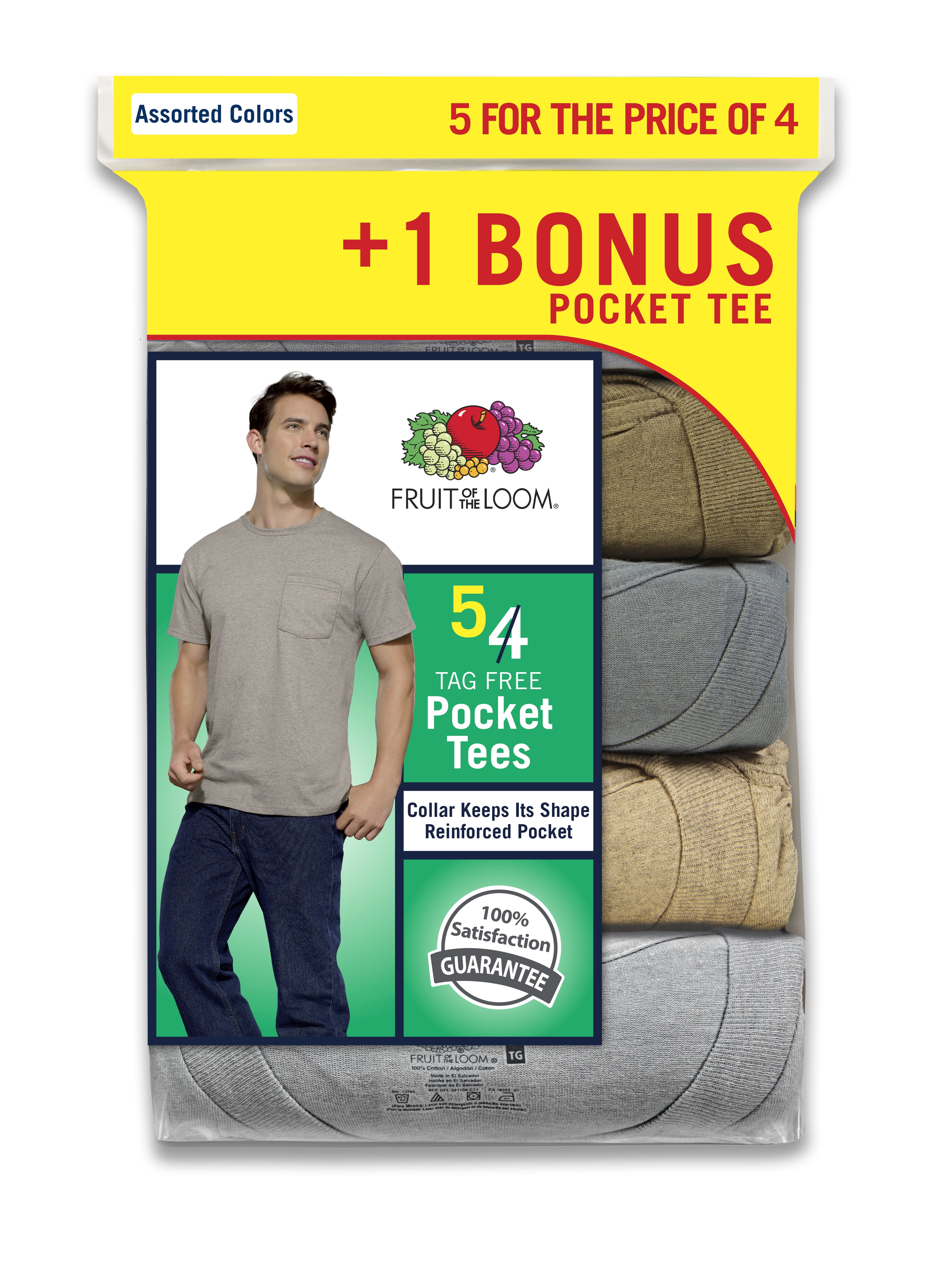 Men's Assorted Color Pocket T-Shirts, 4+1 Bonus Pack - Walmart.com