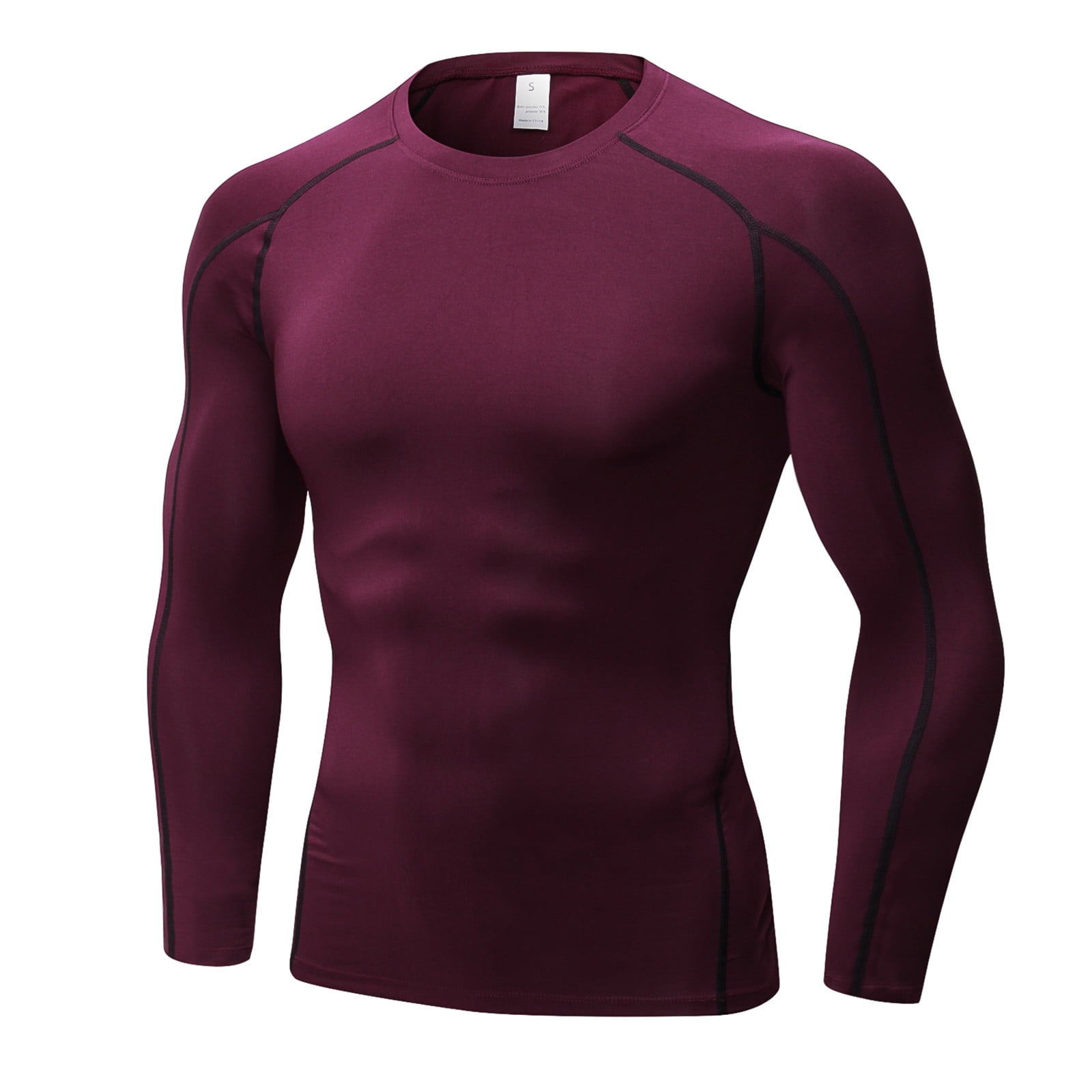 Men's Athletic Long Sleeve Compression Shirts Gym Undershirts Wine Size ...
